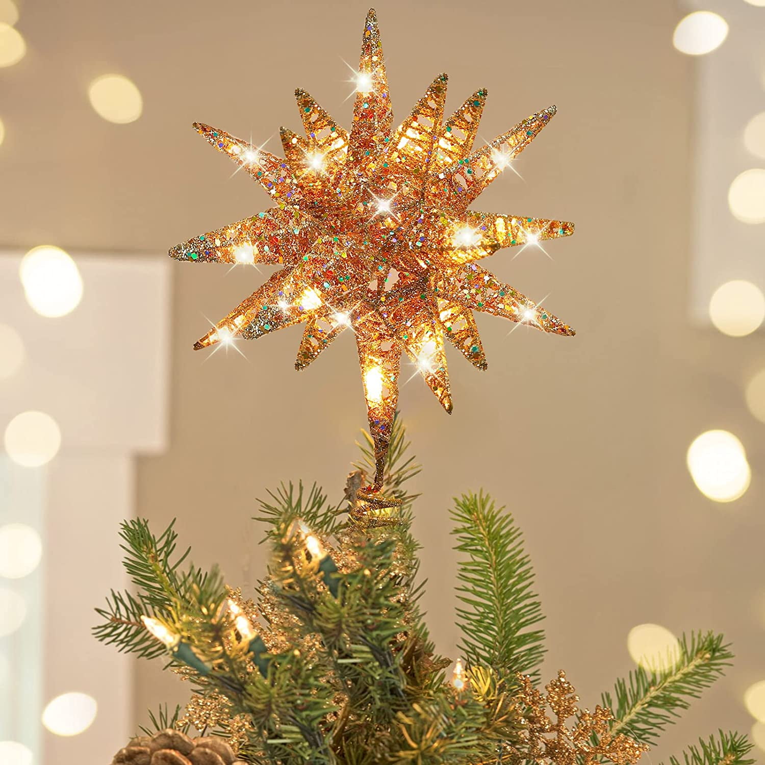 Luxspire Christmas Tree Topper, 3D Star Lighted Tree Topper, Christmas ...