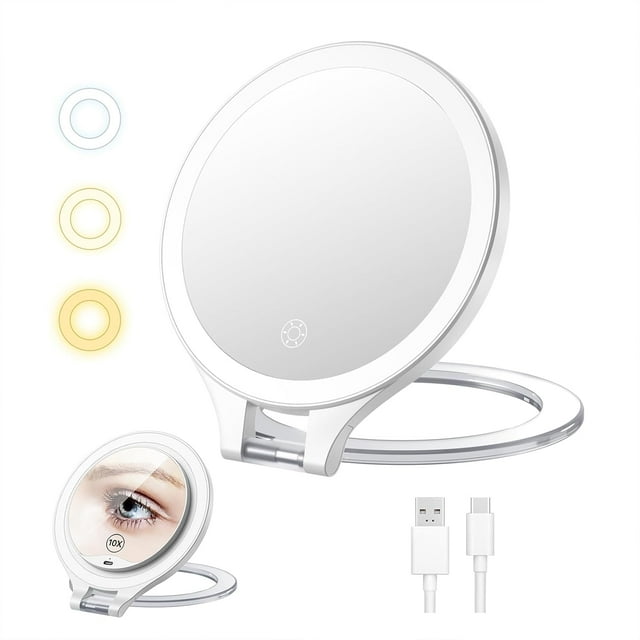 Luxspire Magnifying Mirror with Light, 10X / 1X Double Sided Makeup Mirror, Portable Travel ...