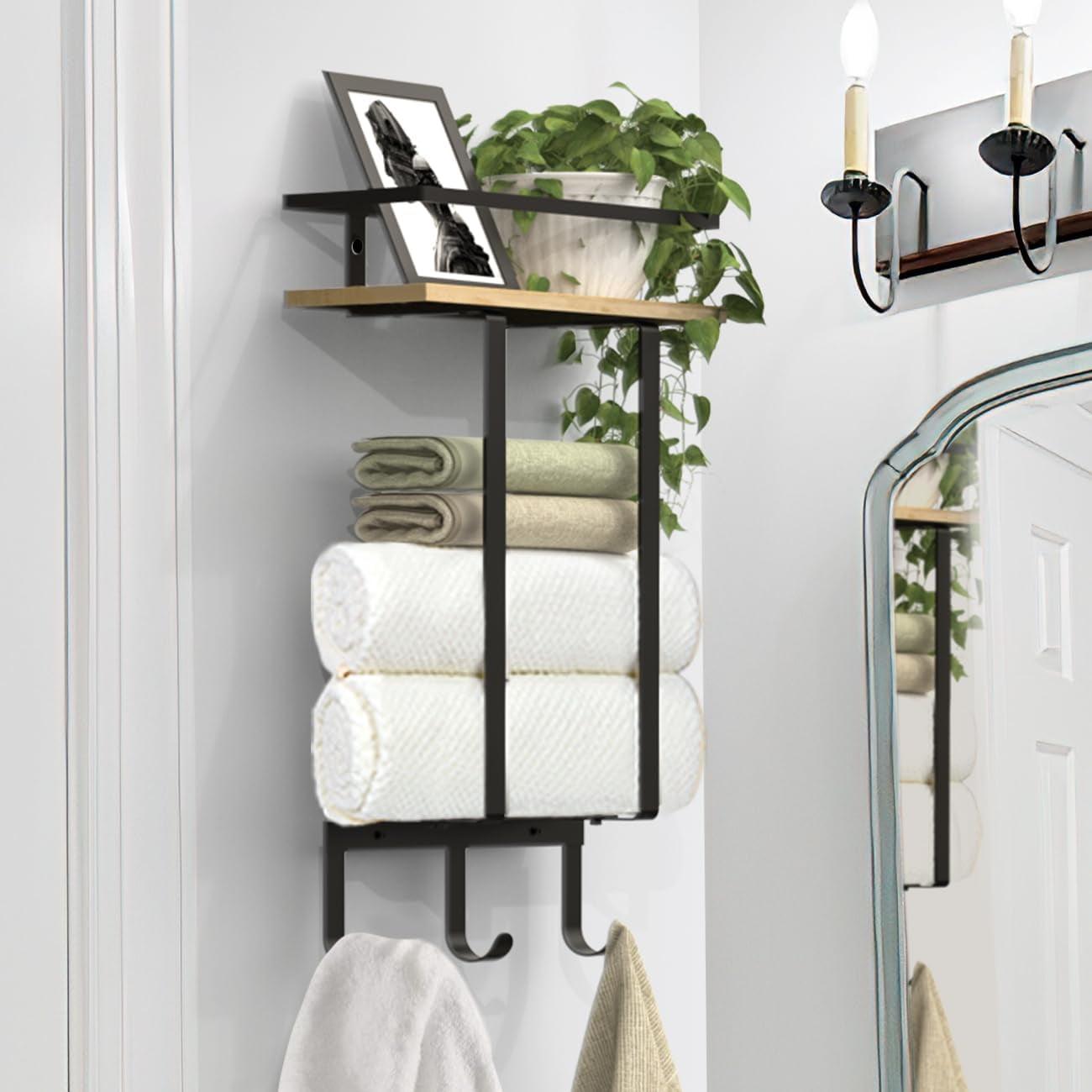 "Luxspire Towel Rack Wall Mounted, Black Metal Holder with Wood Shelf ...