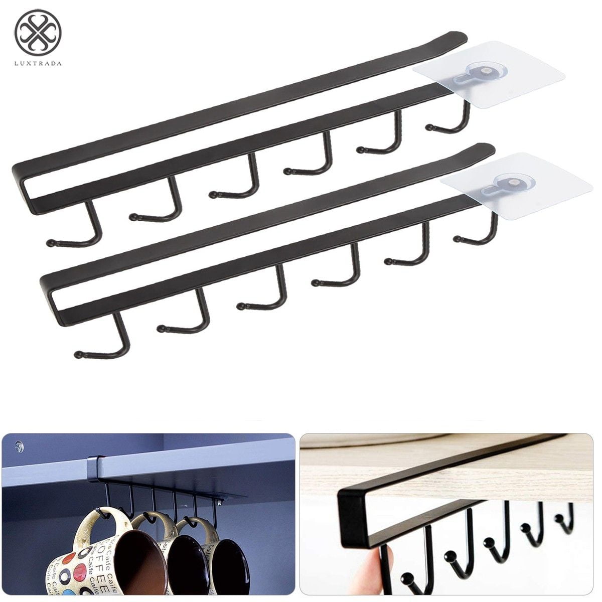 Luxtrada 2 Pack 6 Mug Hooks Black Under Cabinet Mug Hanger Kitchen ...