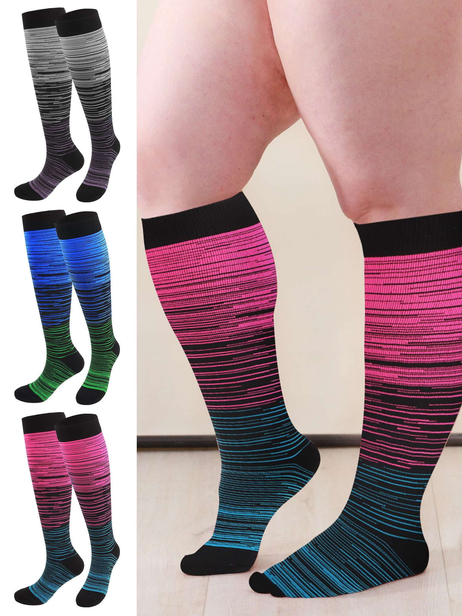Luxtrada 3 Pairs Plus Size Compression Socks Wide Calf Compression