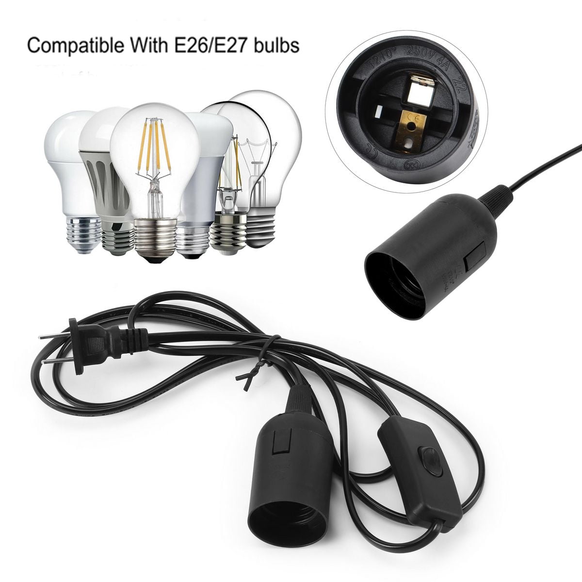 Luxtrada 6ft E26/E27 LED Light socket extension cord with On/Off switch ...