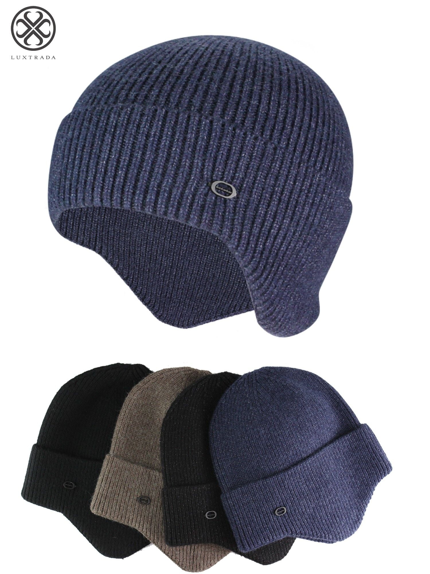 Luxtrada Mens Knit Winter Warm Fleece Lined Earflap Hat, Navy Blue, One ...