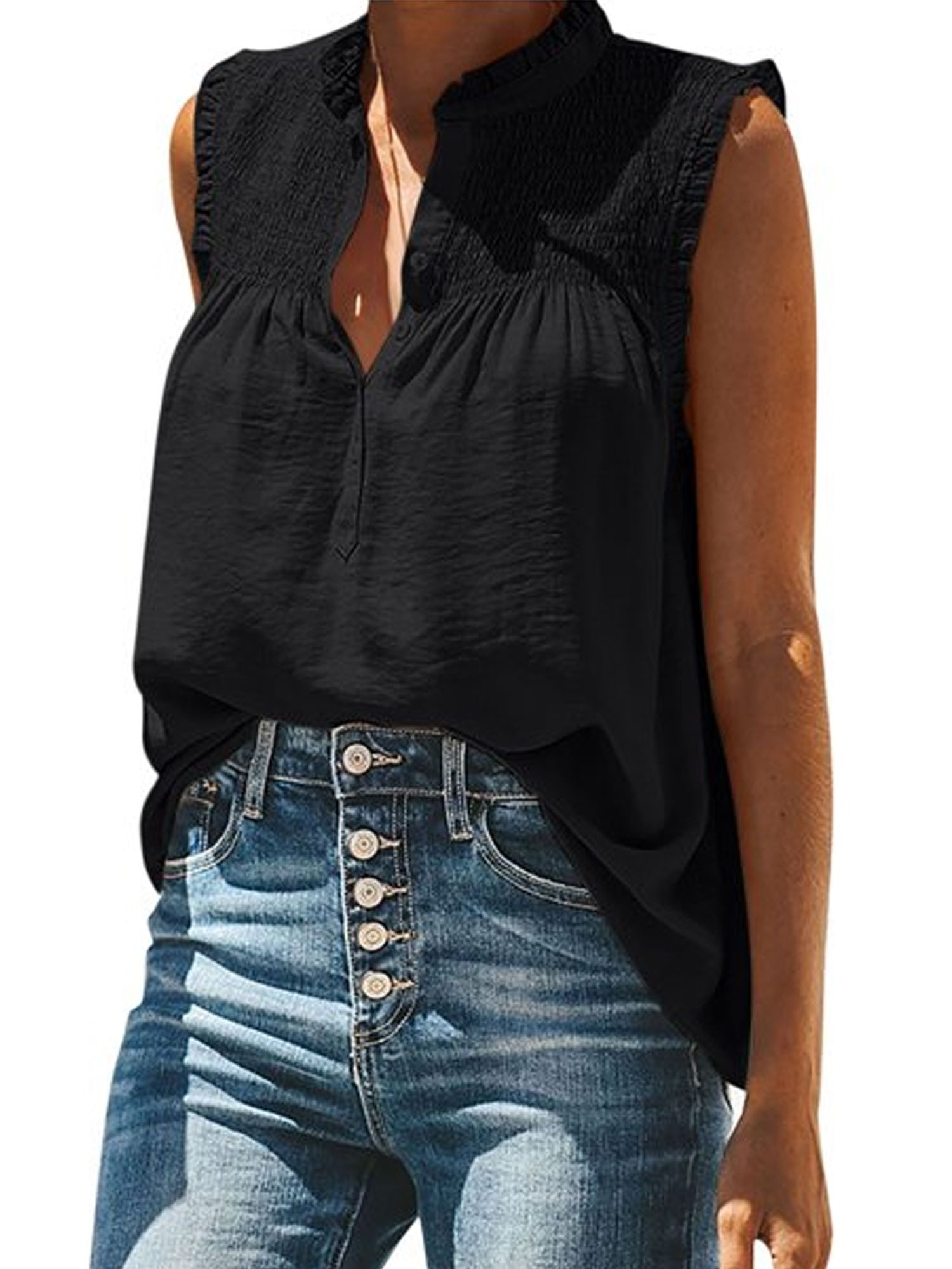 Luxtrada Sleeveless Women Tops Dressy Casual Smocked Flowy Button Up ...