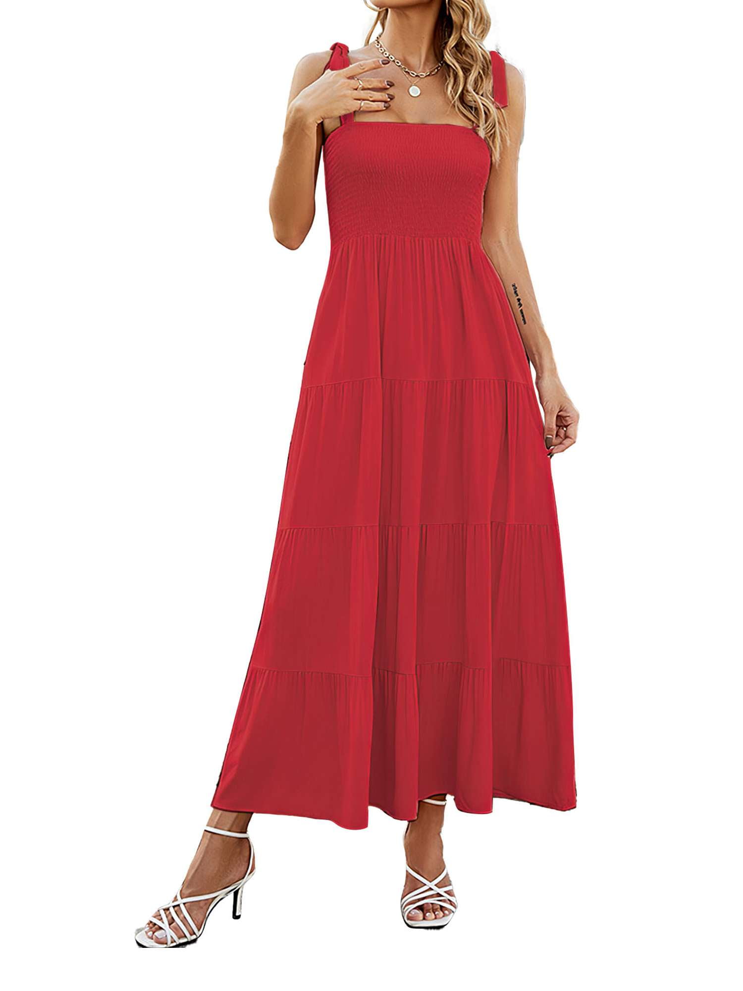 Luxtrada Summer Spaghetti Strap Square Neck Ruffle Long Dress Beach ...
