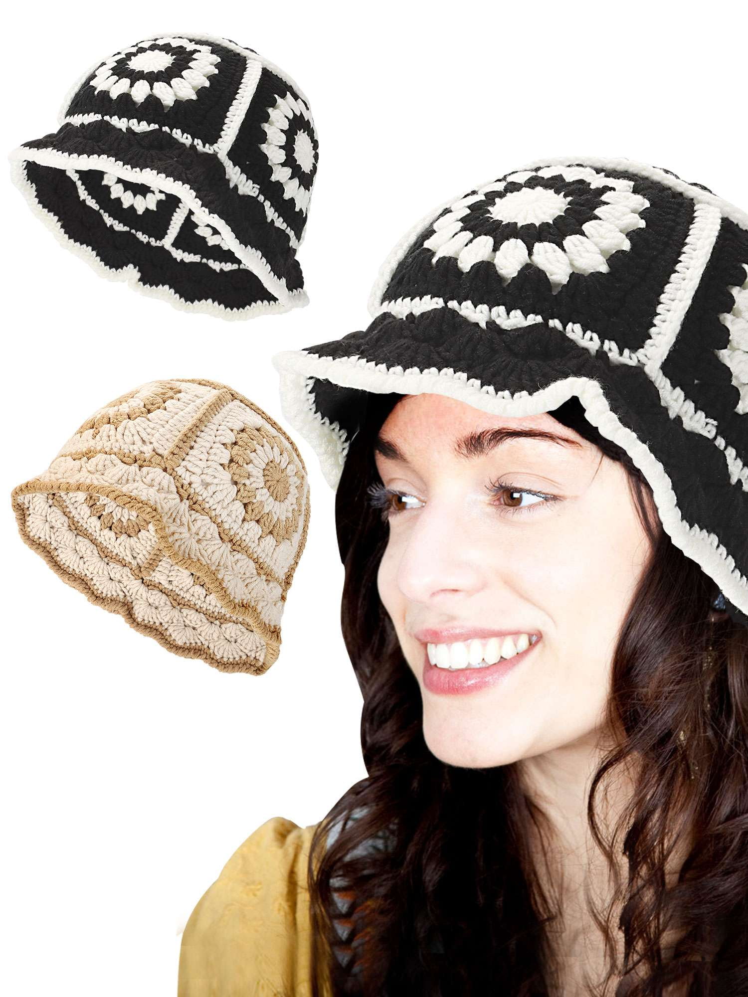 Luxtrada Women Crochet Bucket Hat Cute Flower Pattern Knitted Fisherman ...