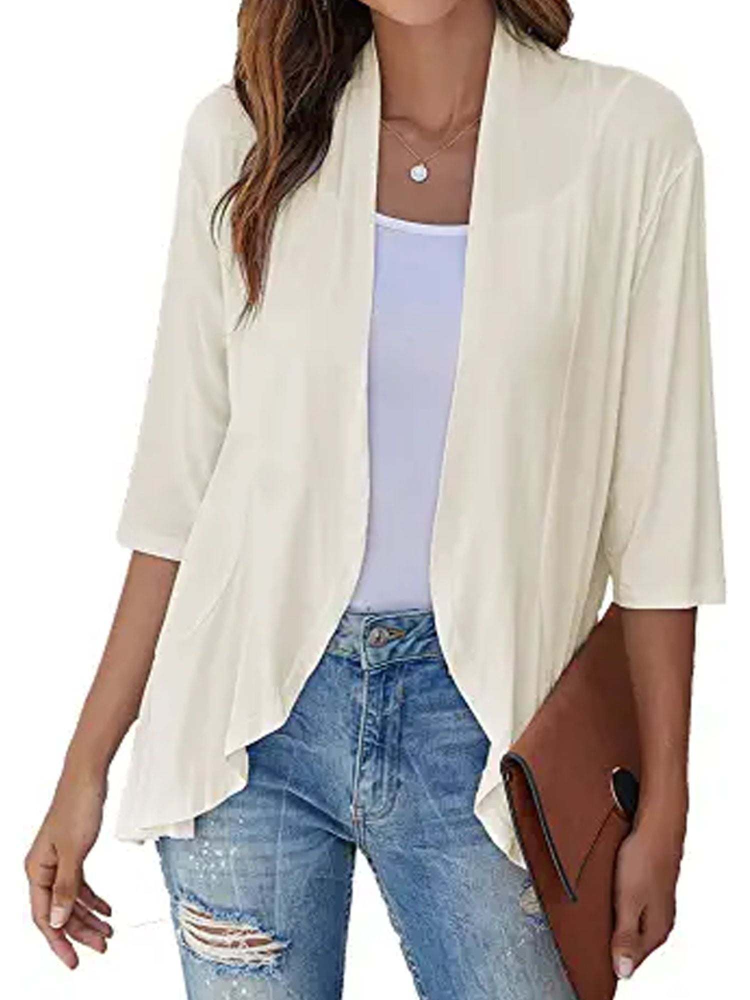 Luxtrada Women Open Front Cardigan Solid 3/4 Sleeve Loose Collar Draped ...