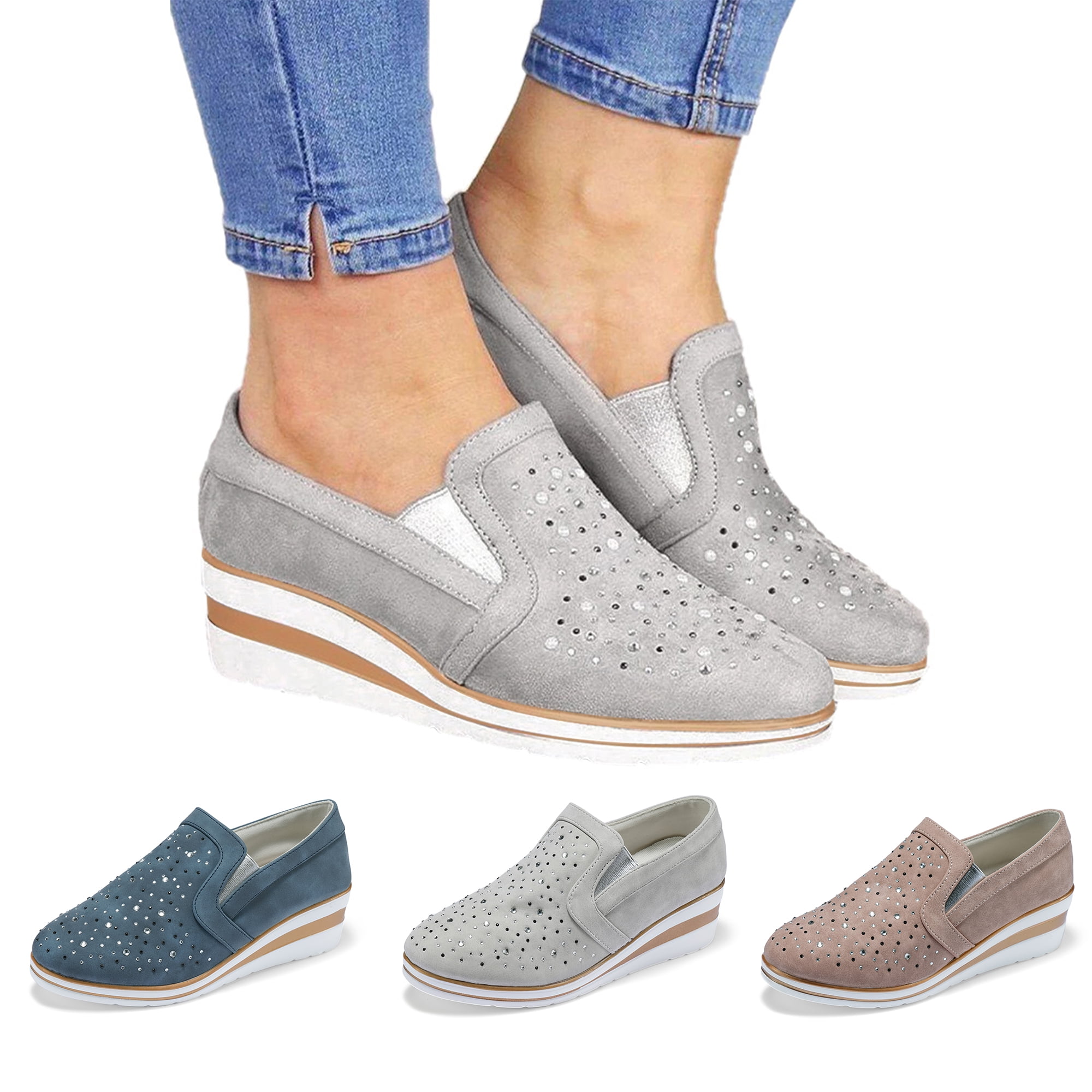 Luxur Women's Shoes Rhinestone Loafers Ladies Pumps Slip On Flat Wedges ...