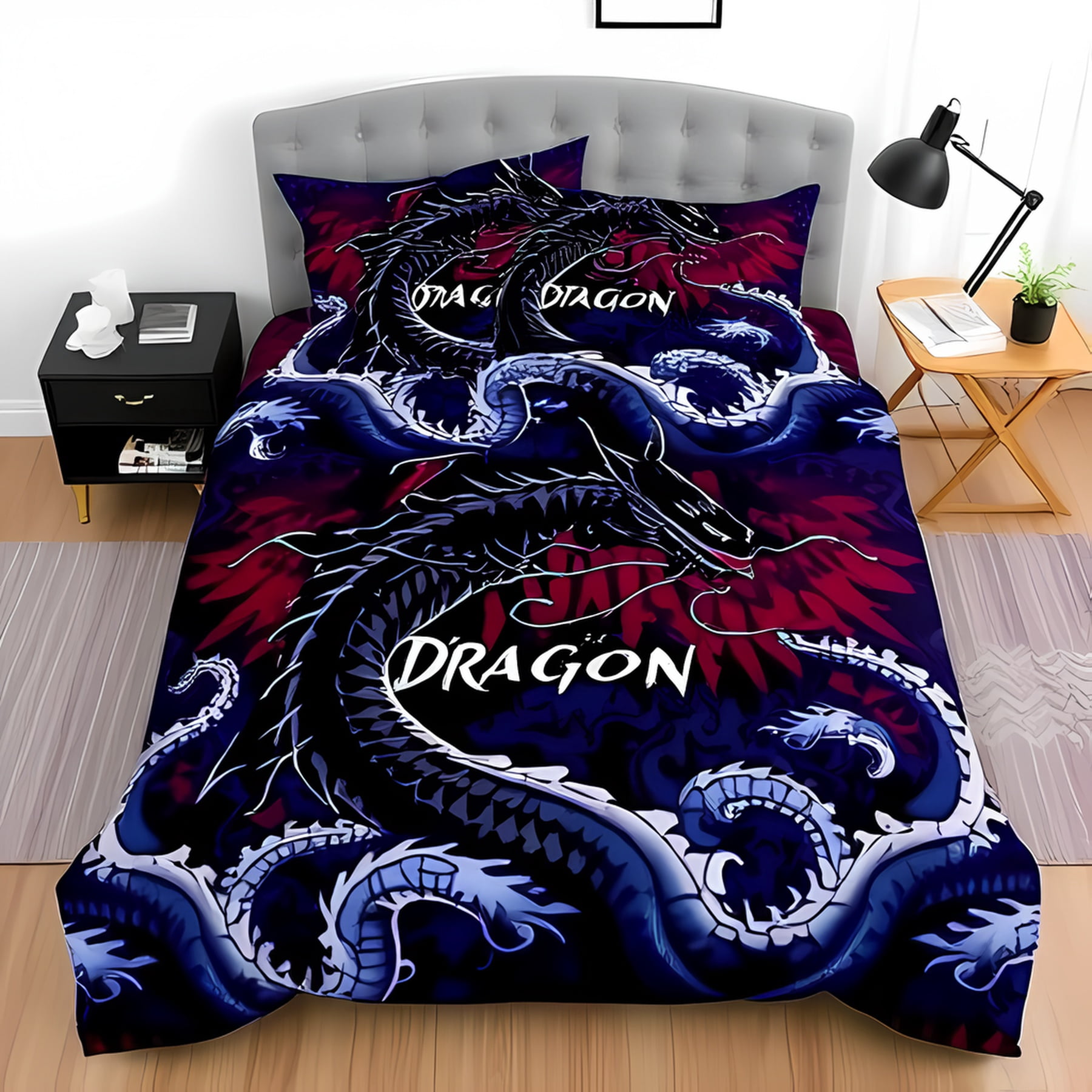 Luxurious 3-Piece Dragon Duvet Cover & Pillowcase Set - Deep Blue ...