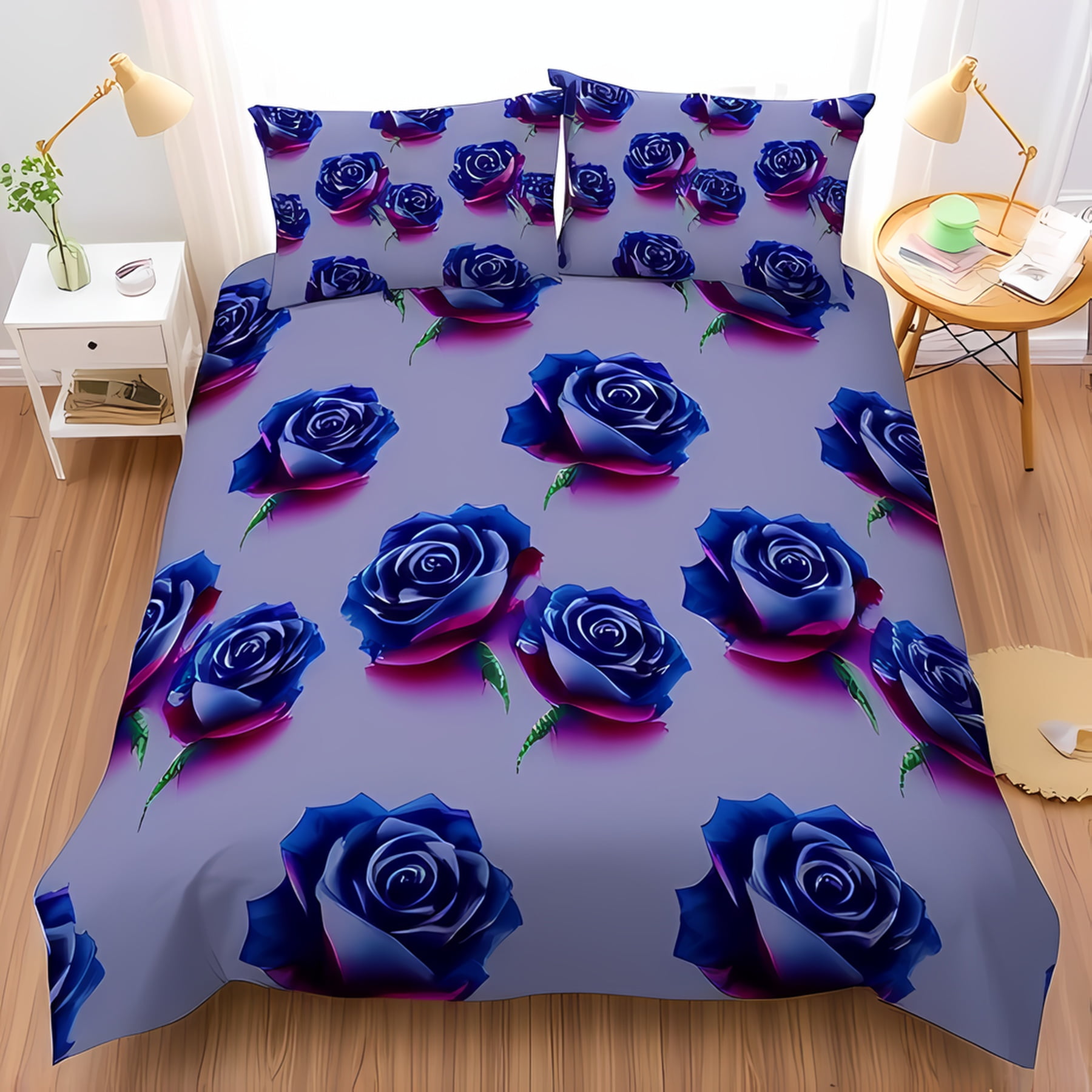 Luxurious 3-Piece Duvet Cover & Pillowcase Set - Deep Blue Roses on ...