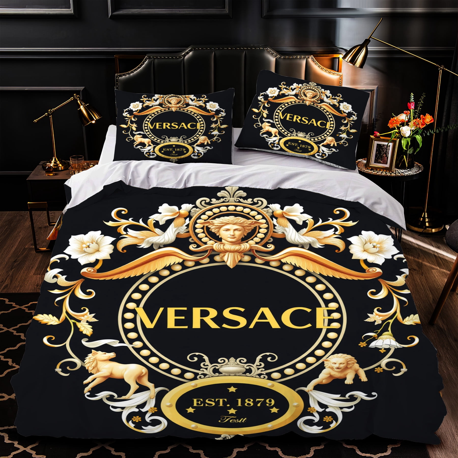 Luxurious 3-Piece Duvet Cover Set - Black and Gold Floral Winged Design ...