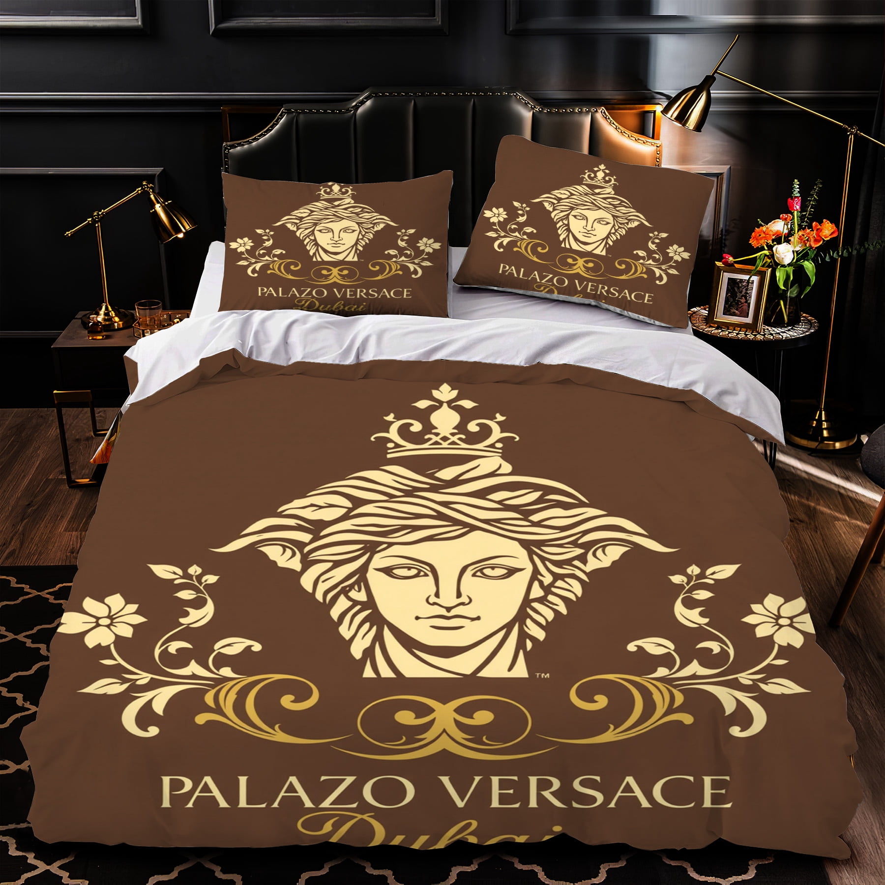 Luxurious 3-Piece Duvet Cover Set Golden Crown & Floral Motifs Elegant ...