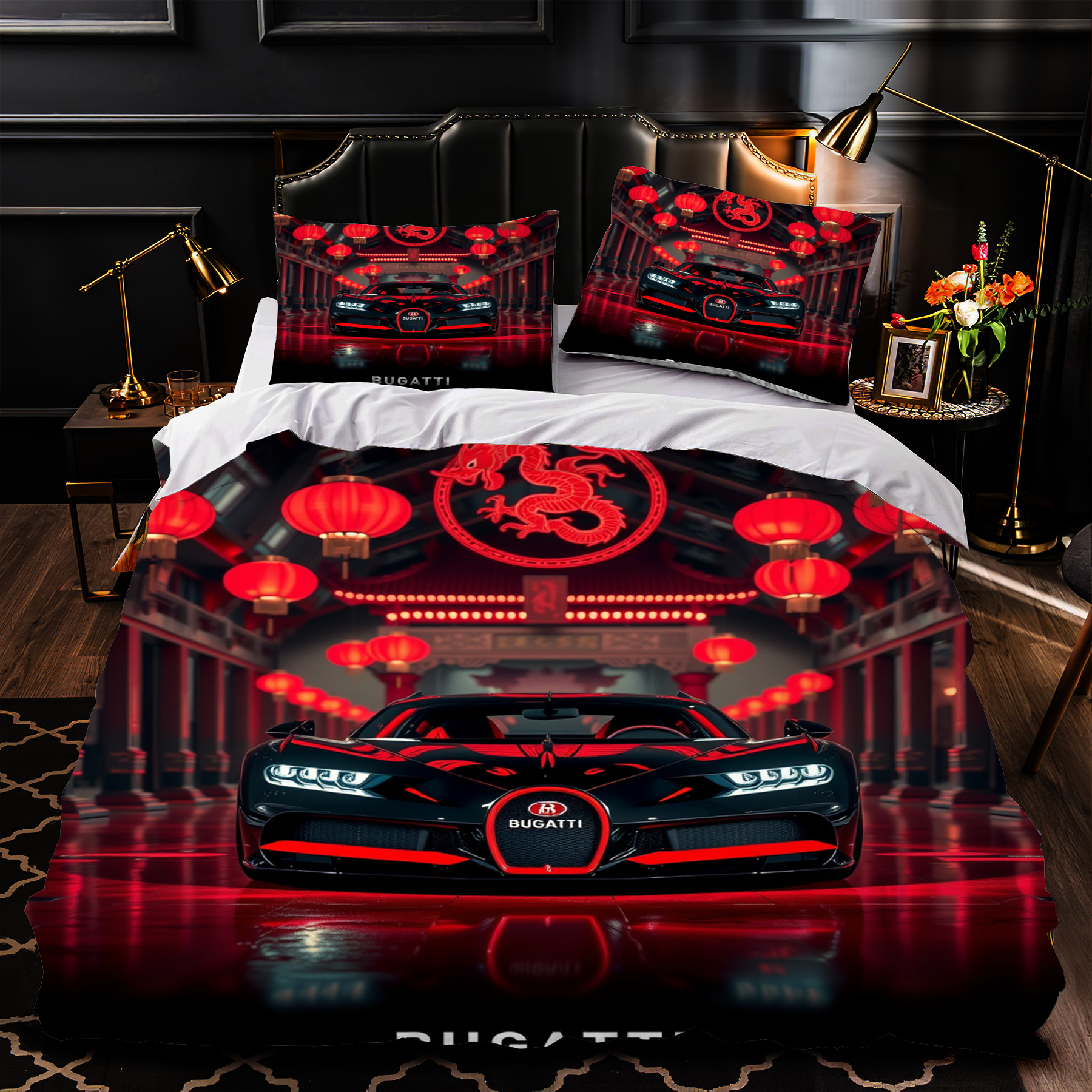Luxurious 3-Piece Duvet Cover Set - Modern Car & Red Lanterns Design ...
