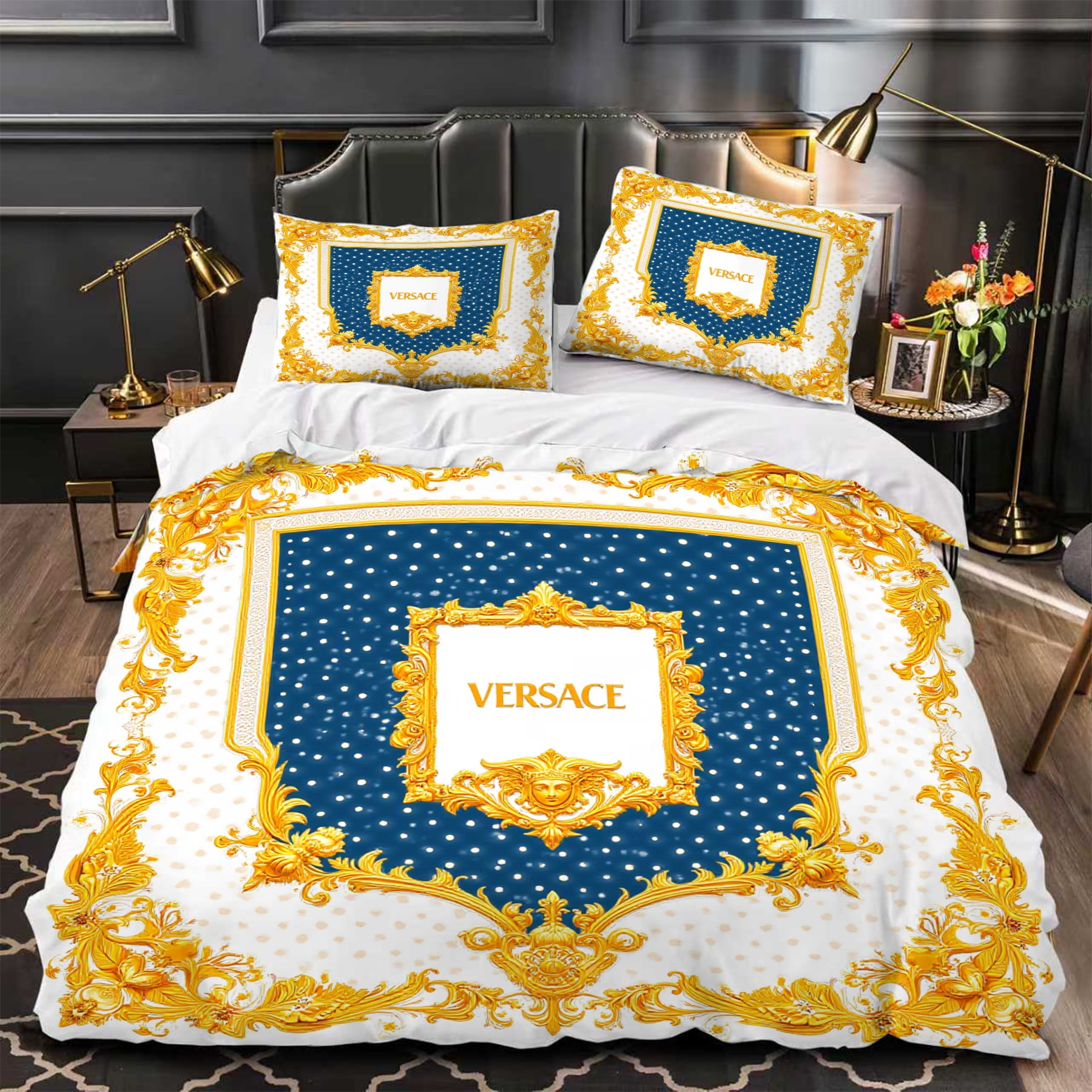 Luxurious 3-Piece Duvet Cover Set - Navy Blue with Gold & White Polka ...