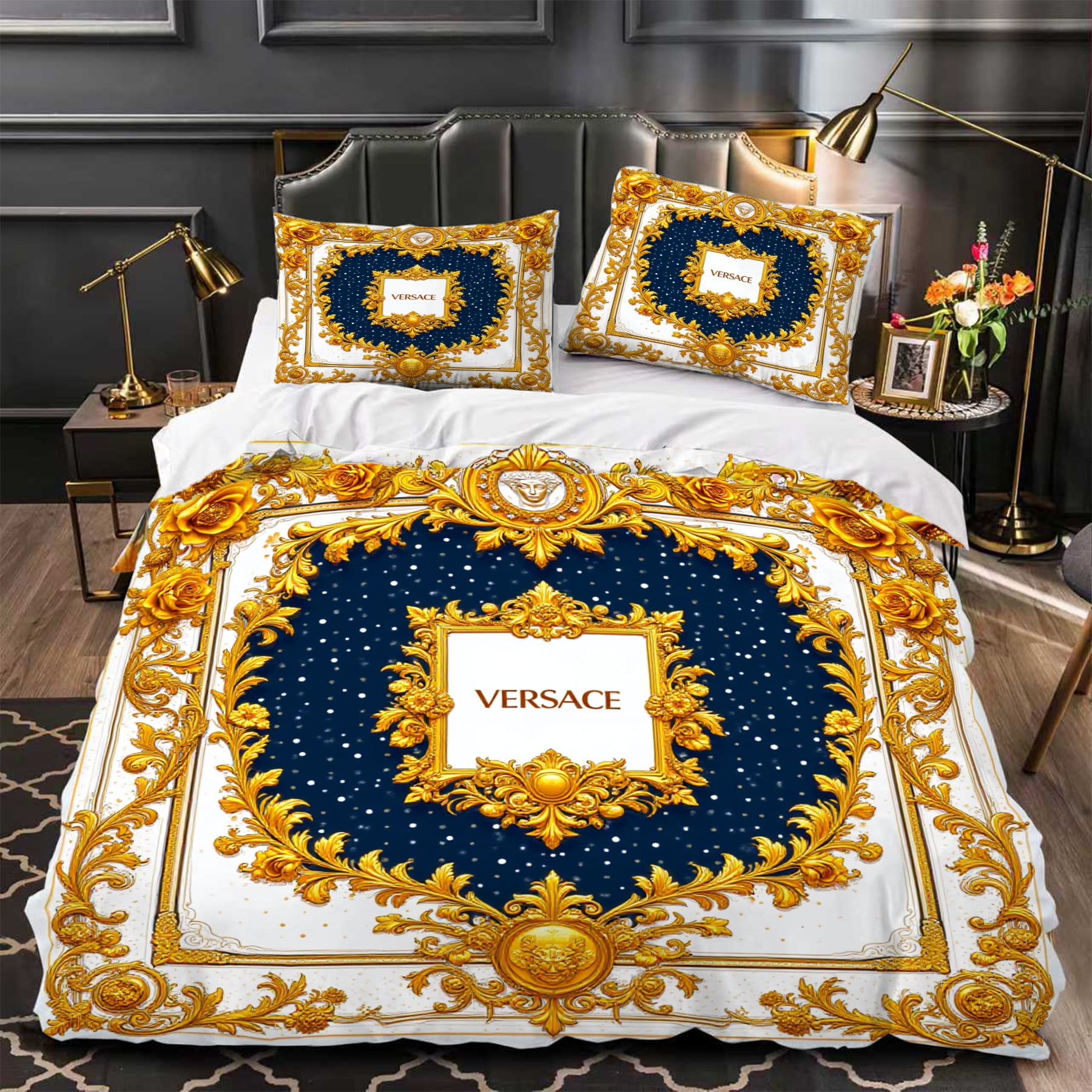 Luxurious 3-Piece Duvet Cover Set - Navy Blue with Golden Floral ...