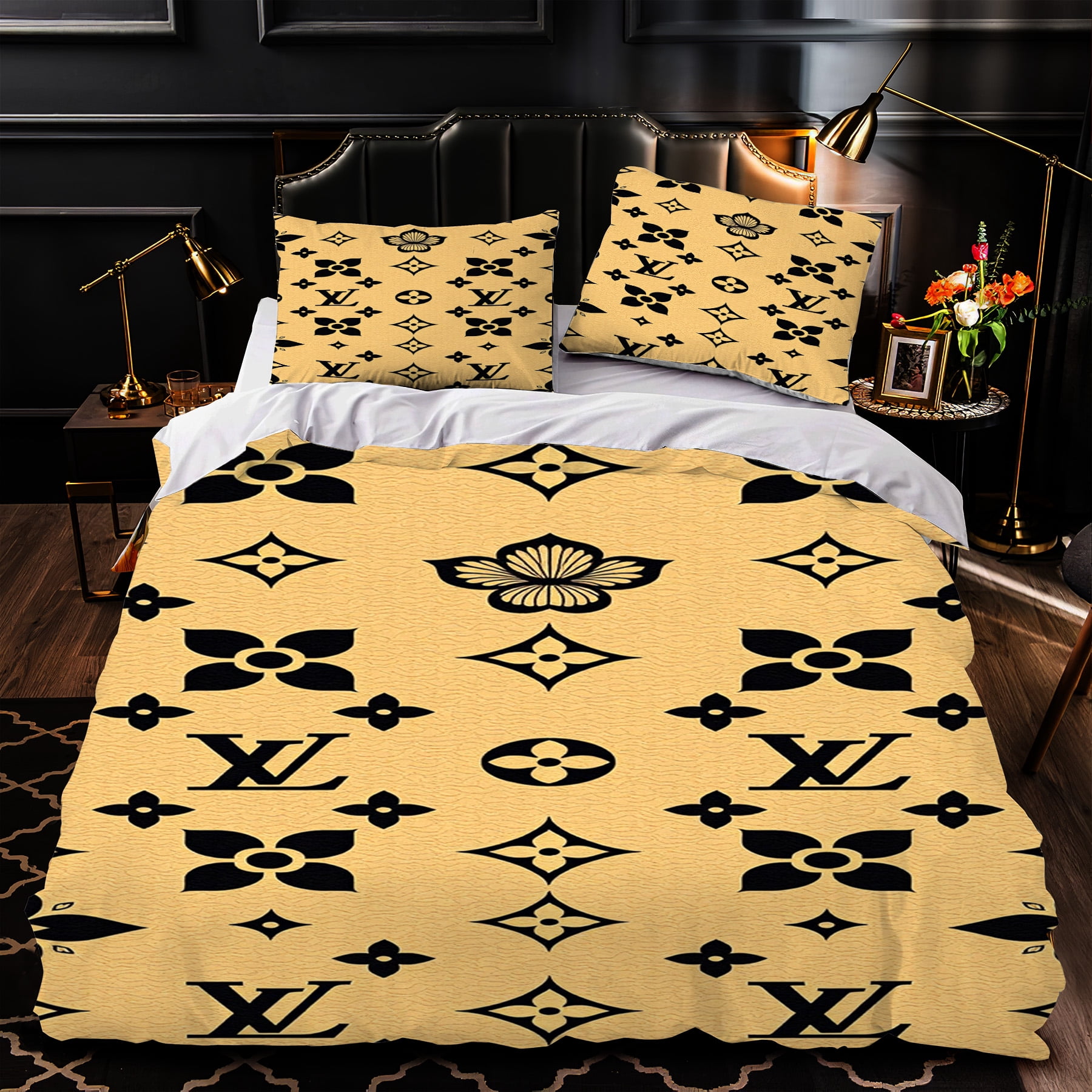Luxurious 3-Piece Duvet Cover Set in Black and Gold - Bold Floral and ...