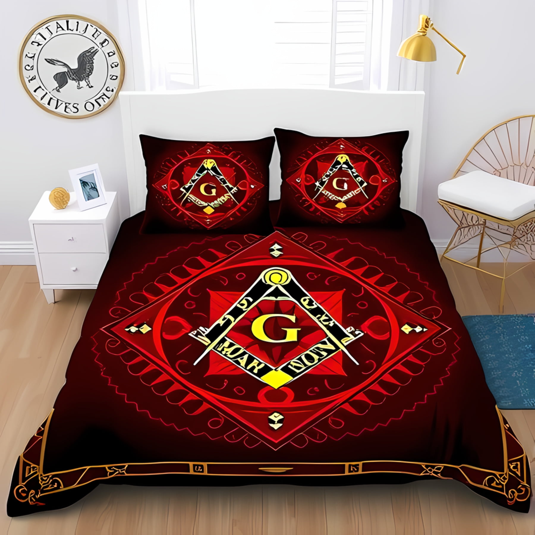 Luxurious 3-Piece Duvet Cover Set in Dark Red with Gold Masonic Square ...