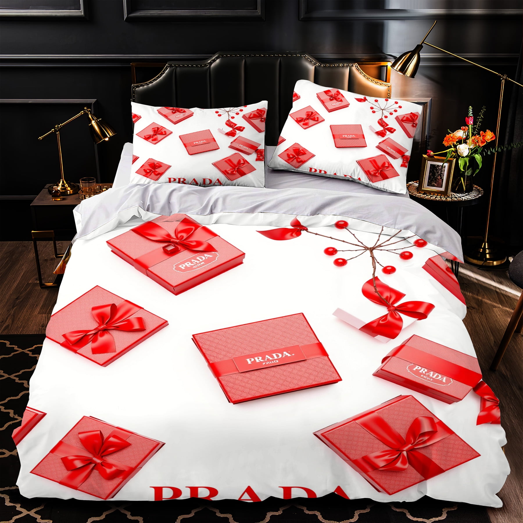 Luxurious 3-Piece Duvet Cover Set with Elegant Red Gift Box Pattern on ...