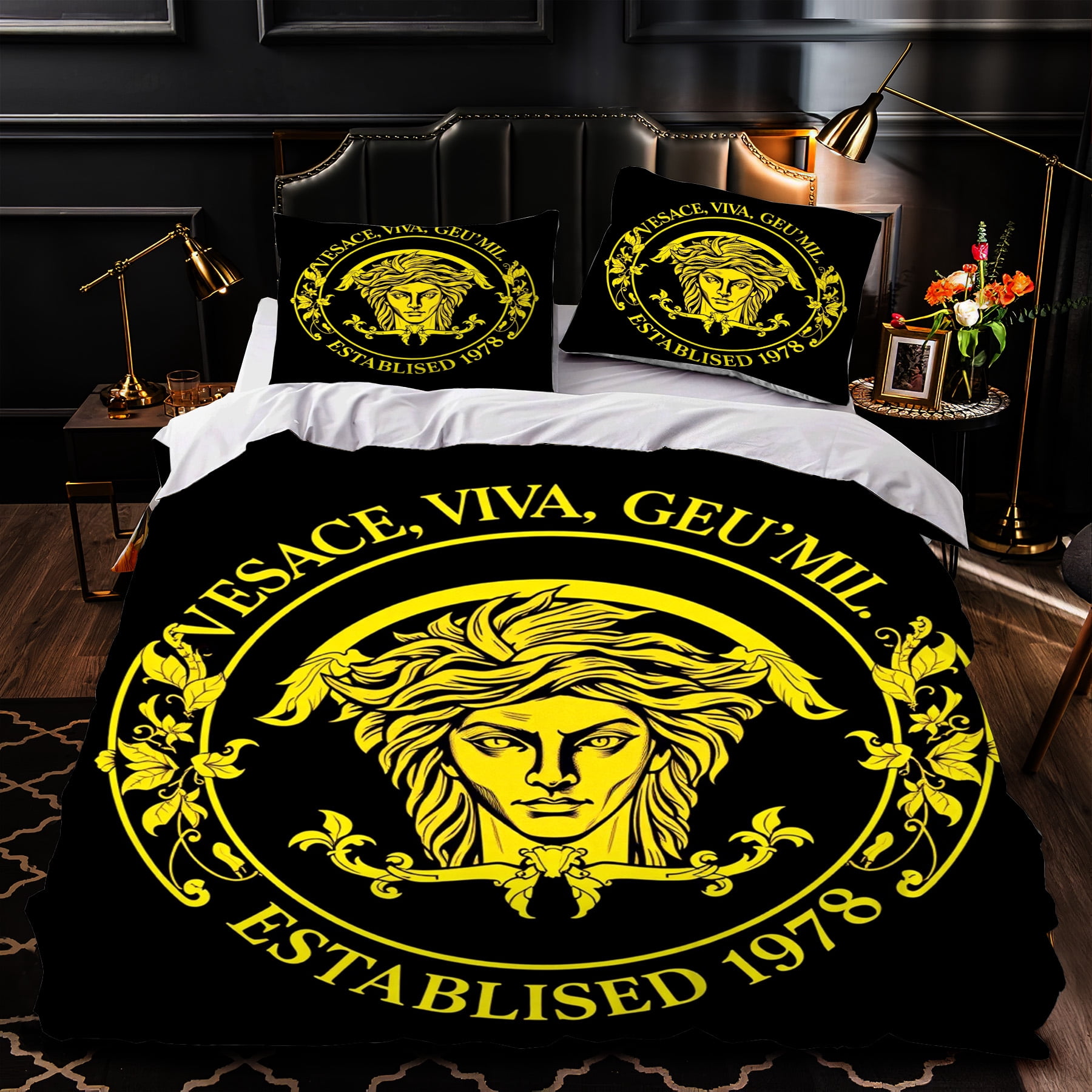 Luxurious 3-Piece Duvet Cover Set with Golden Classical & Ornate Floral ...