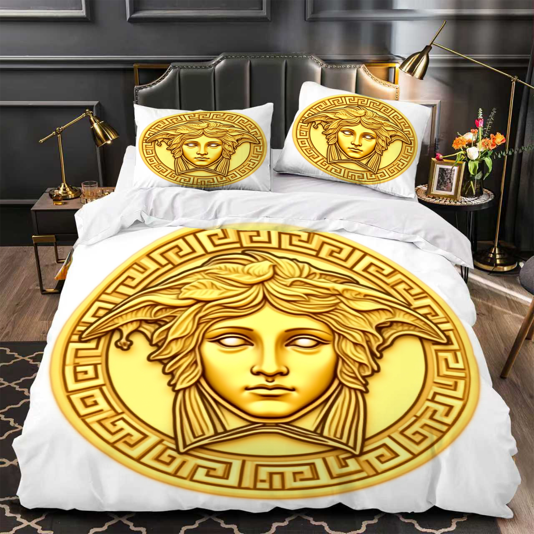 Luxurious 3-Piece Duvet Cover Set with Golden Greek Goddess Emblem ...