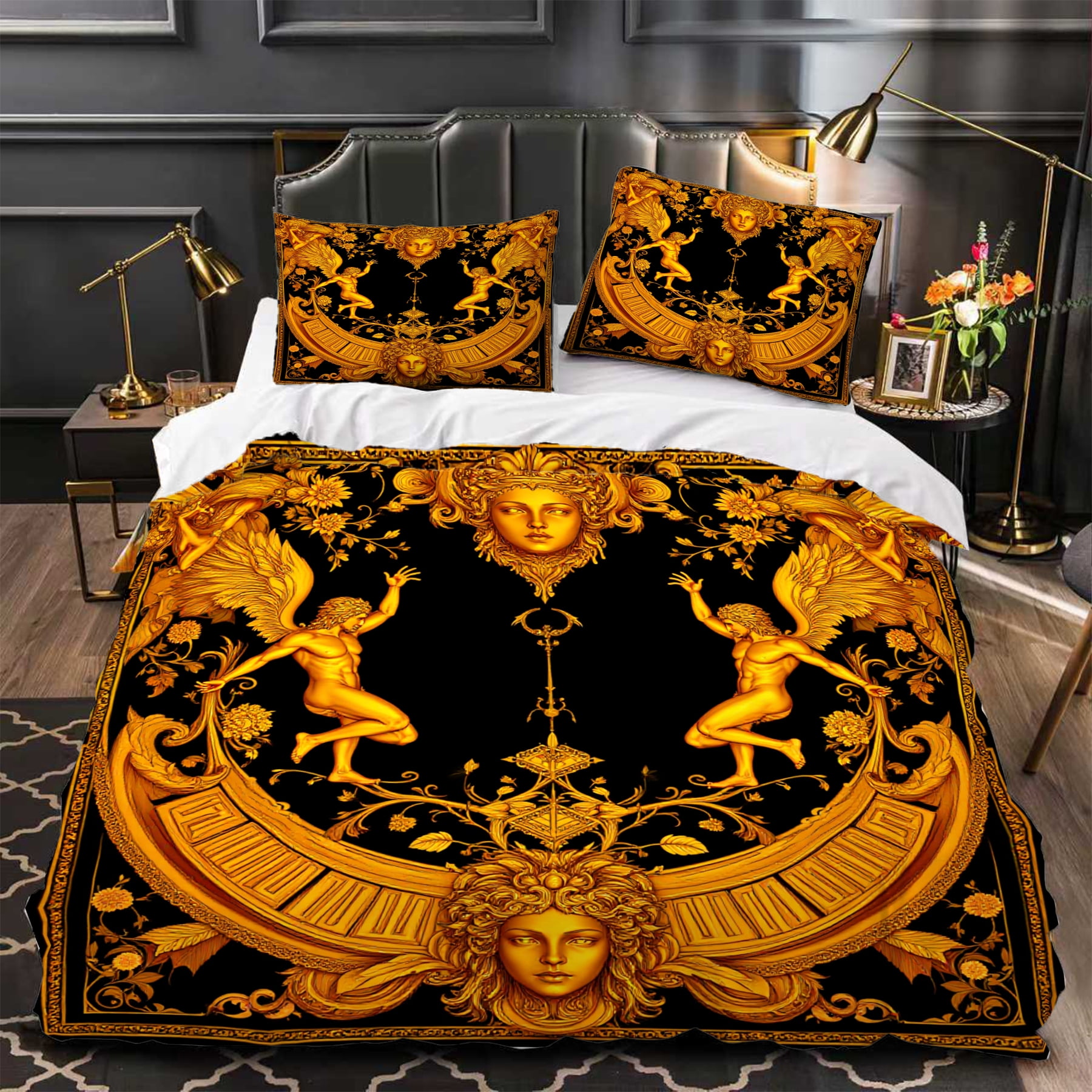 Luxurious 3-Piece Duvet Cover Set with Ornate Black and Gold Cherub ...