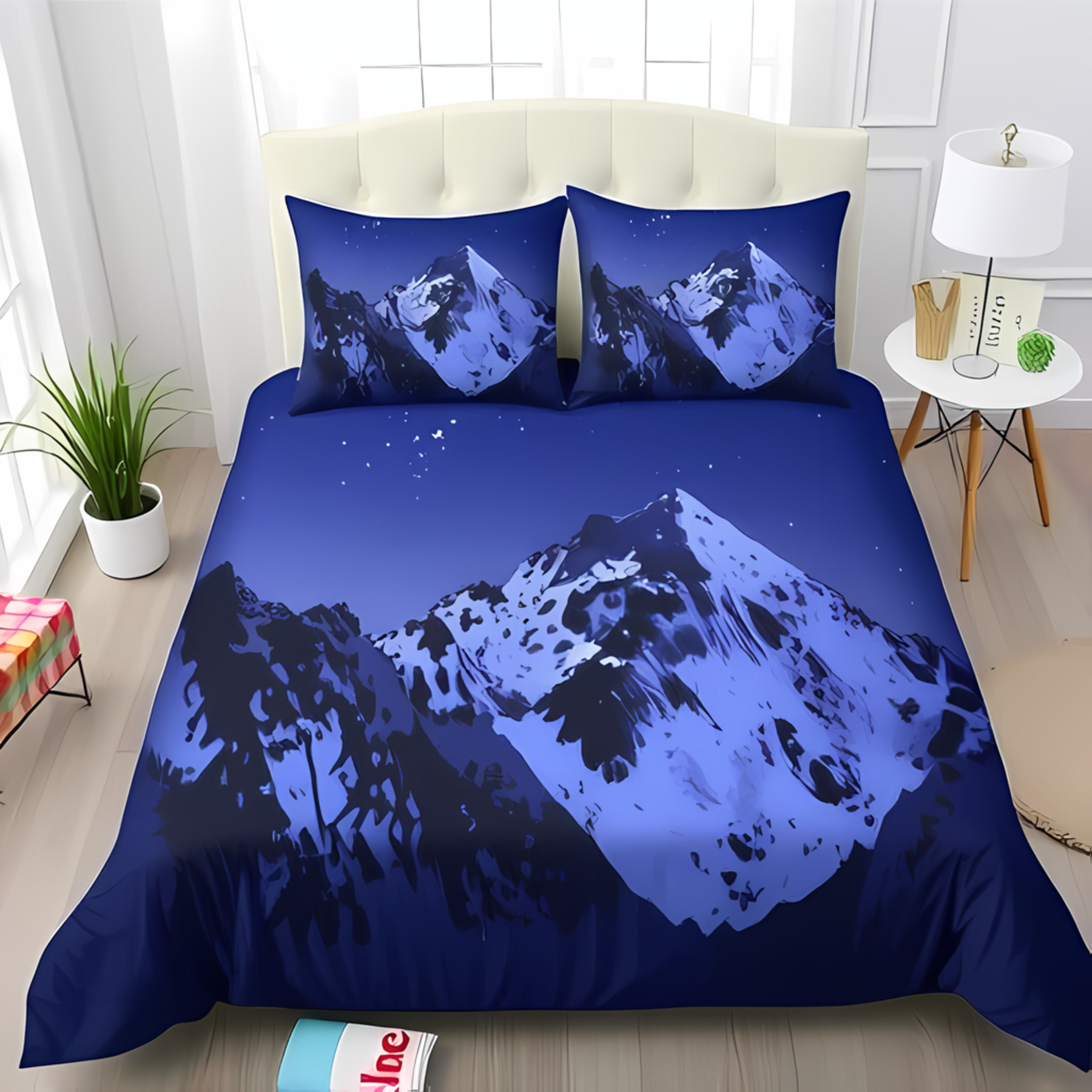Luxurious 3-Piece Navy Blue Duvet Cover Set with Stunning Snow-Capped ...