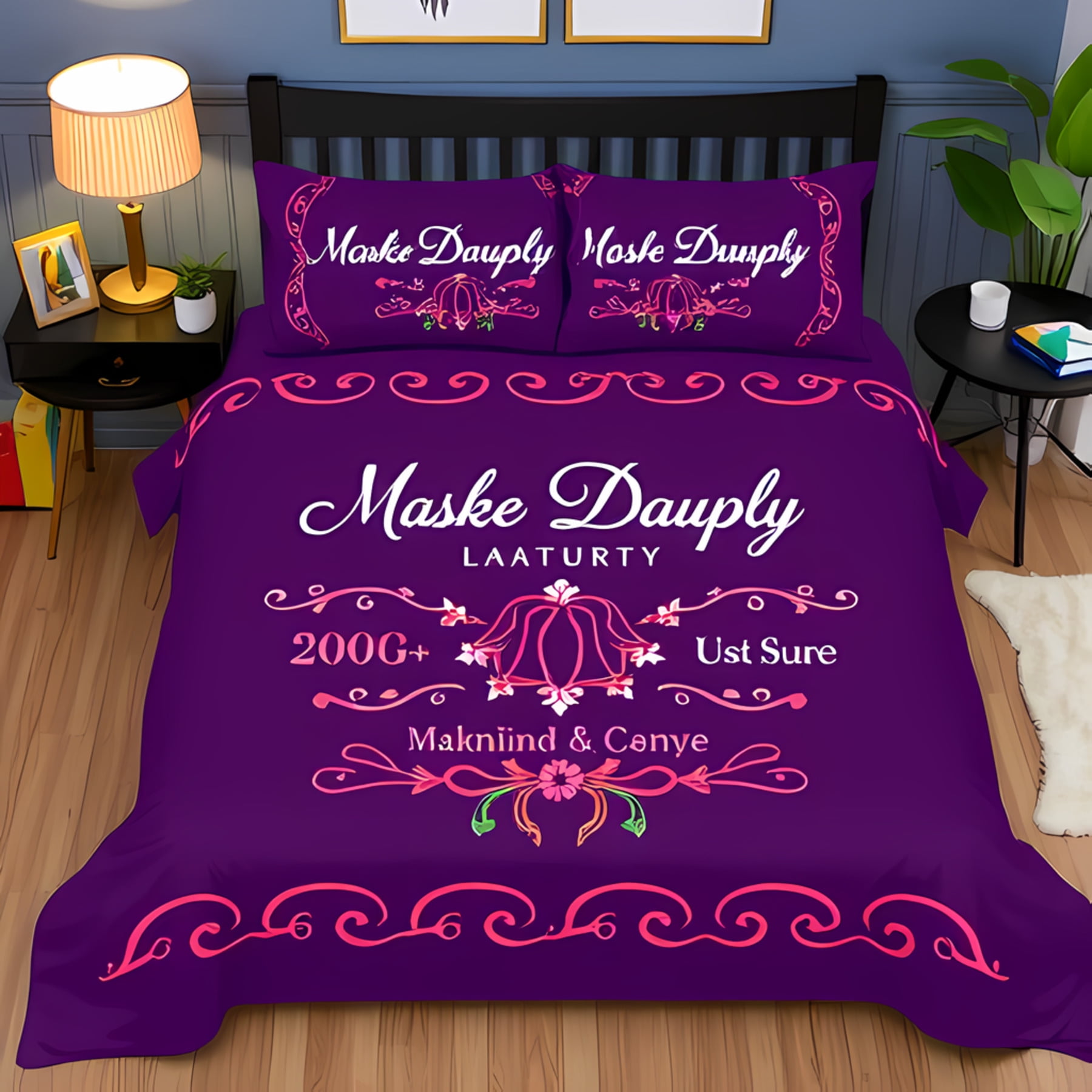 Luxurious 3-Piece Purple Duvet Cover Set with Elegant Pink Script ...