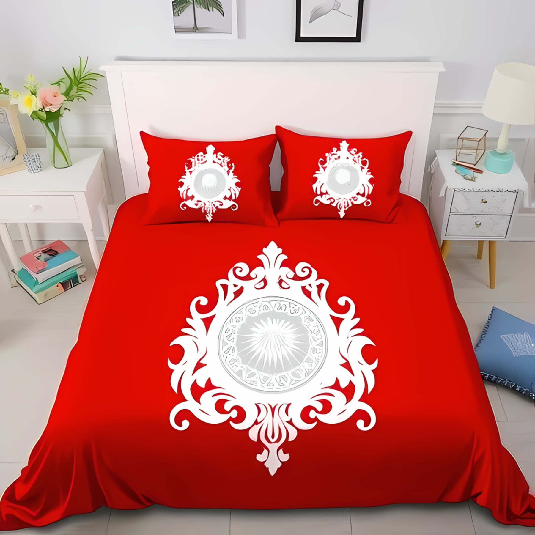 Luxurious 3-Piece Red Duvet Cover Set with Elegant White Baroque Motif ...