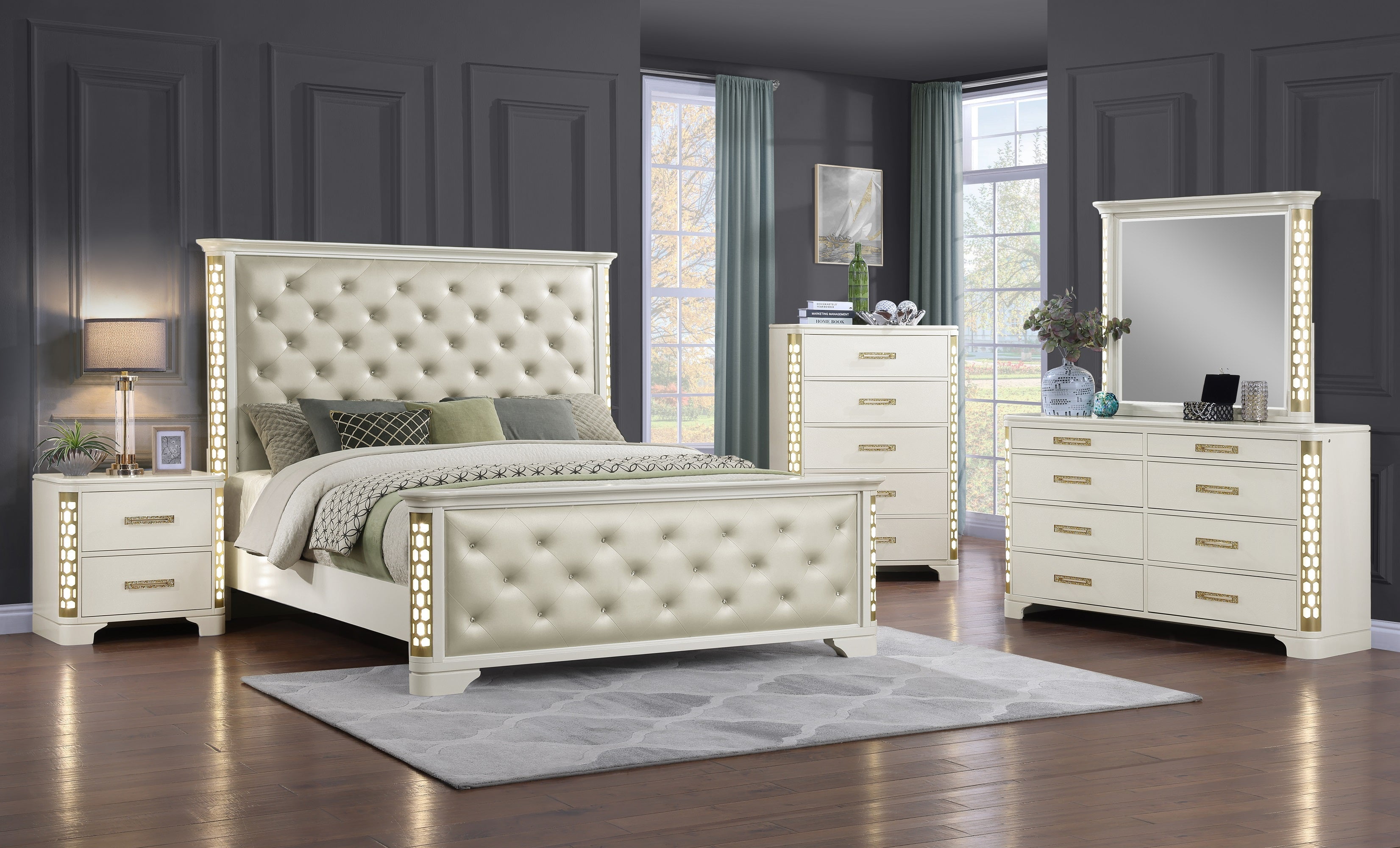 Luxurious 5pc King Bed Set Tufted Headboard Casings LED Lighting Gold ...
