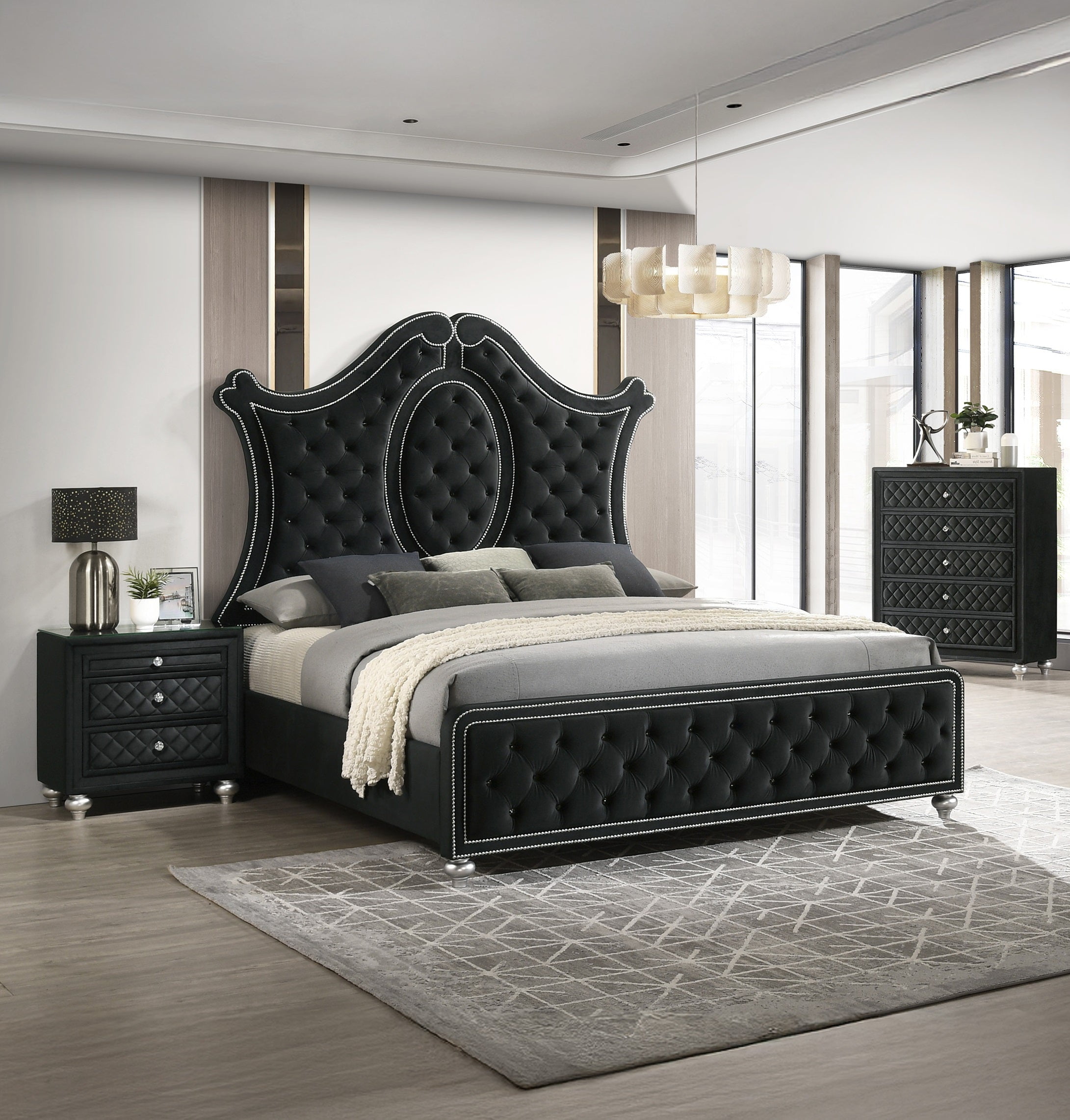 Luxurious Beautiful Queen Size 3pc Bed Chest Nightstand Set Tufted ...