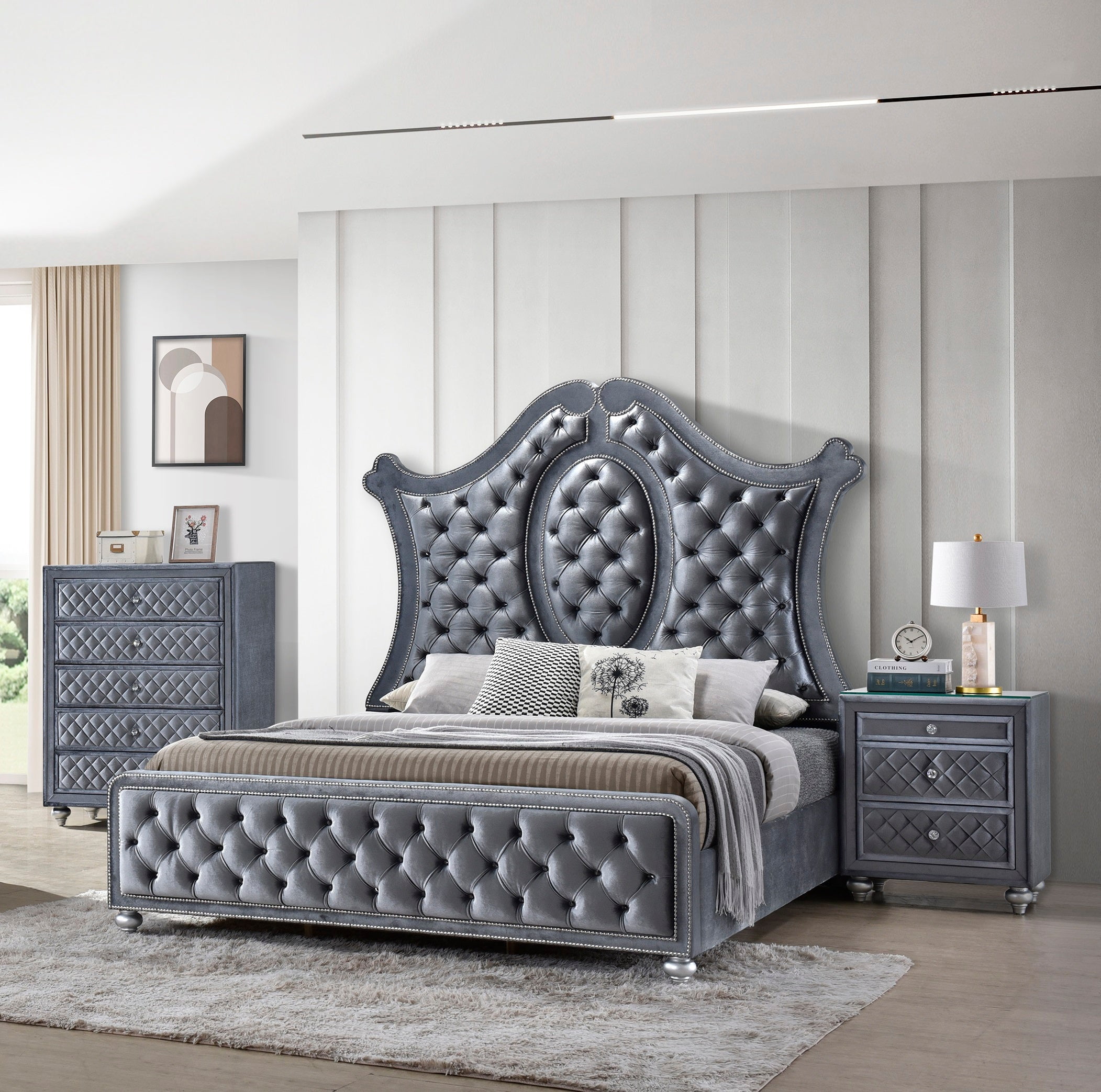 Luxurious Beautiful Queen Size 3pc Bed Chest Nightstand Set Tufted Gray ...