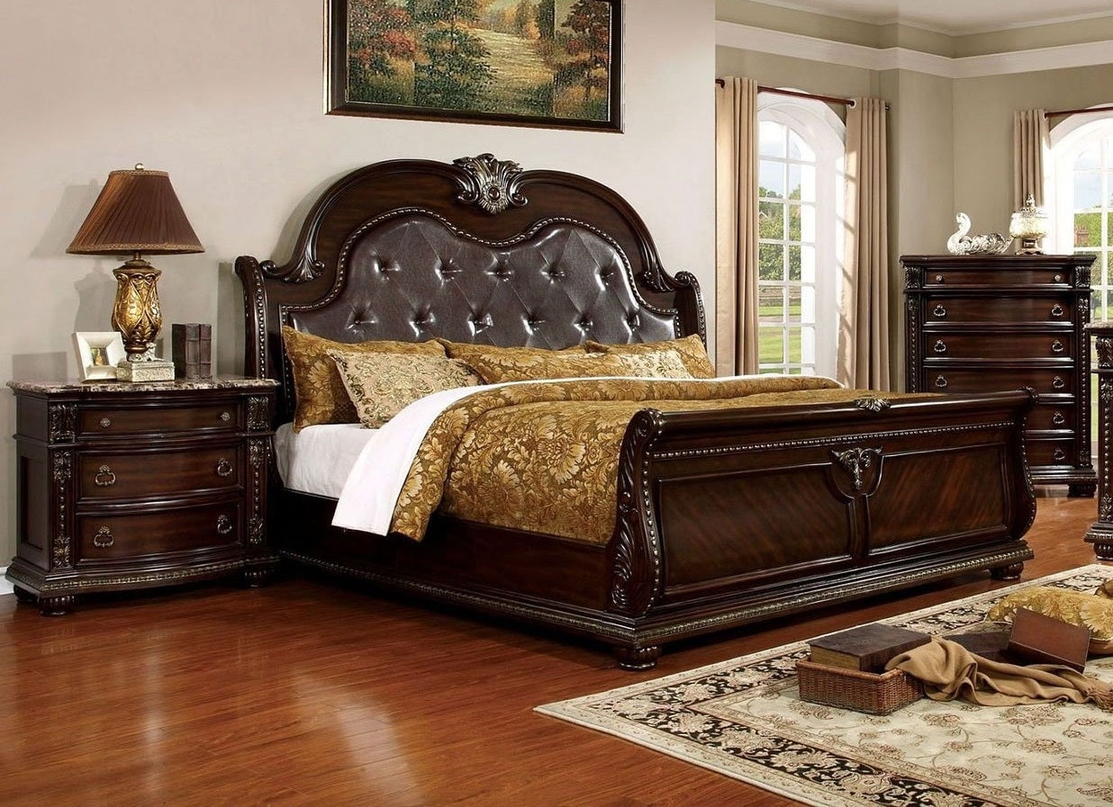 Luxurious Bedroom 3pc King Size Bed Set 2x Nightstands w Marble Top ...