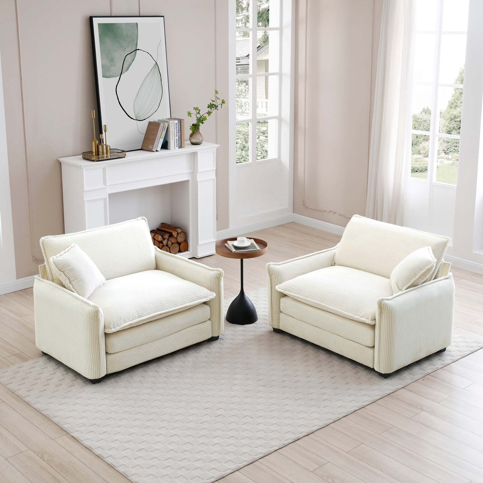 Luxurious Beige Corduroy Deep Seated Sofa Set with Two Single Sofas for ...