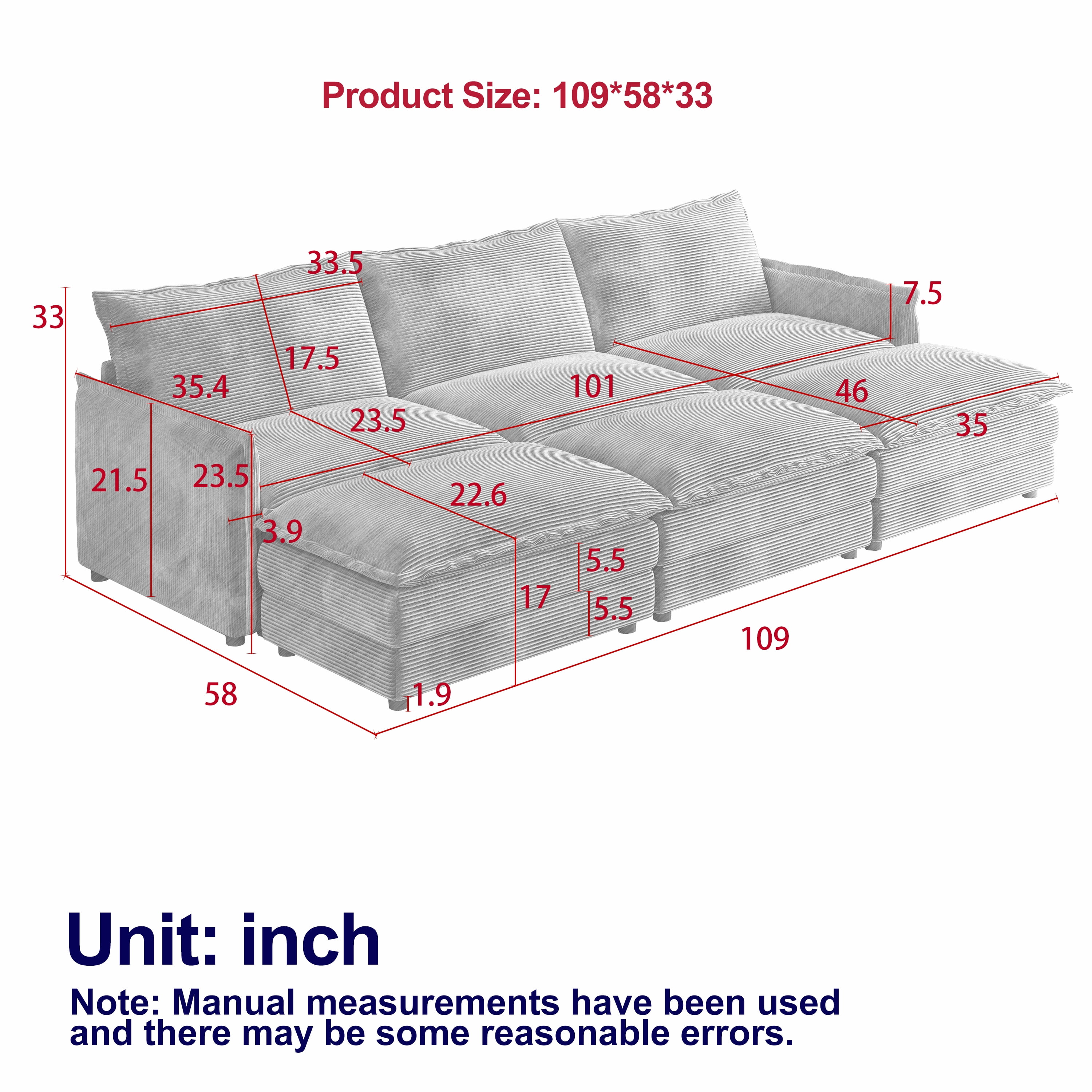 Luxurious Black Corduroy 3-Seater Cloud Sofa with 3 Ottomans ...