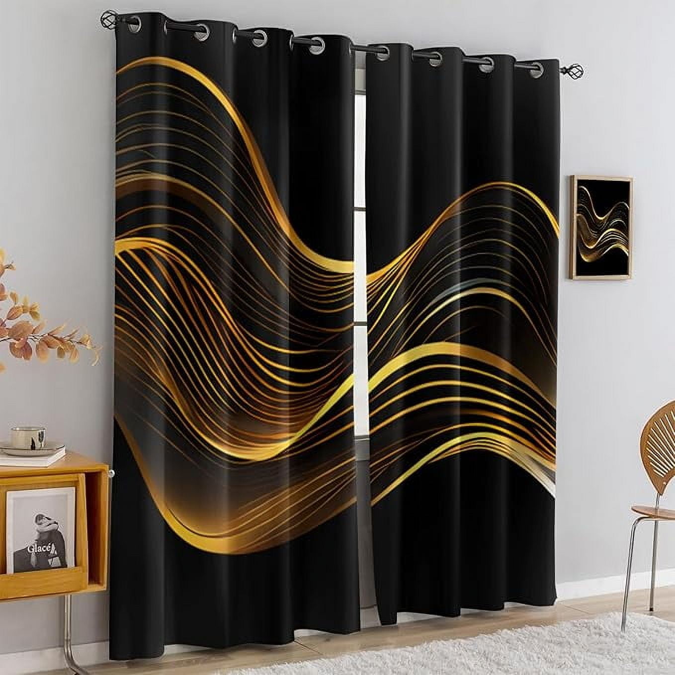 Luxurious Black Gold Curved Lines Window Curtains, Abstract Art ...