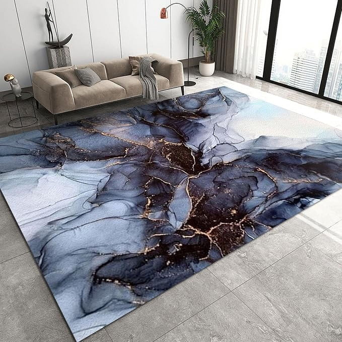 Luxurious Black Gold Geometric Water Ripple Area Rug, Modern Marble ...