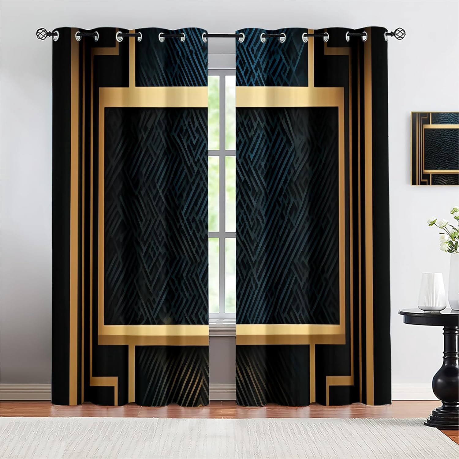 Luxurious Black Gold Geometry 3D Print Window Curtain Panel, Insulation ...