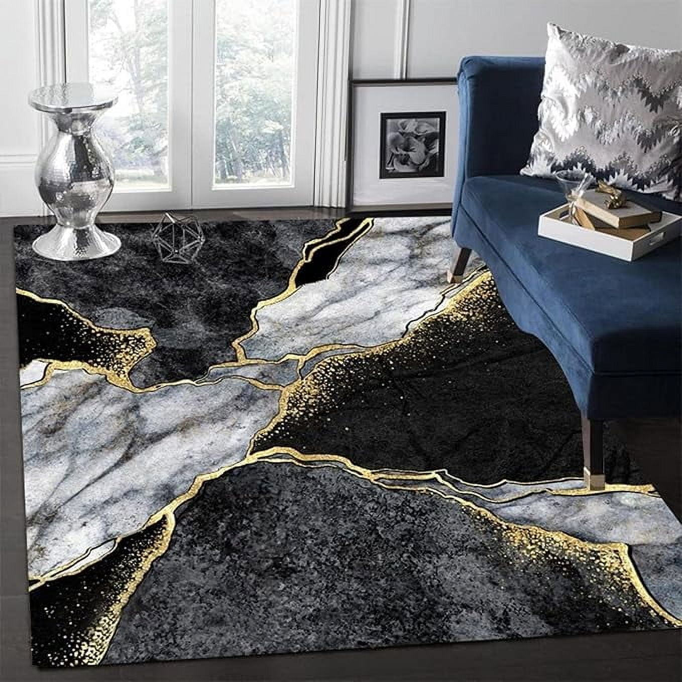 Luxurious Black Gold Marble Texture Area Rug, Modern Abstract Gray And ...