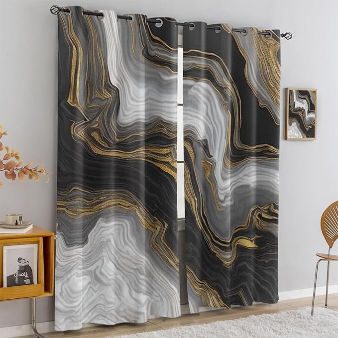 Luxurious Black Gold Marble Texture Window Curtains, Abstract Wavy ...