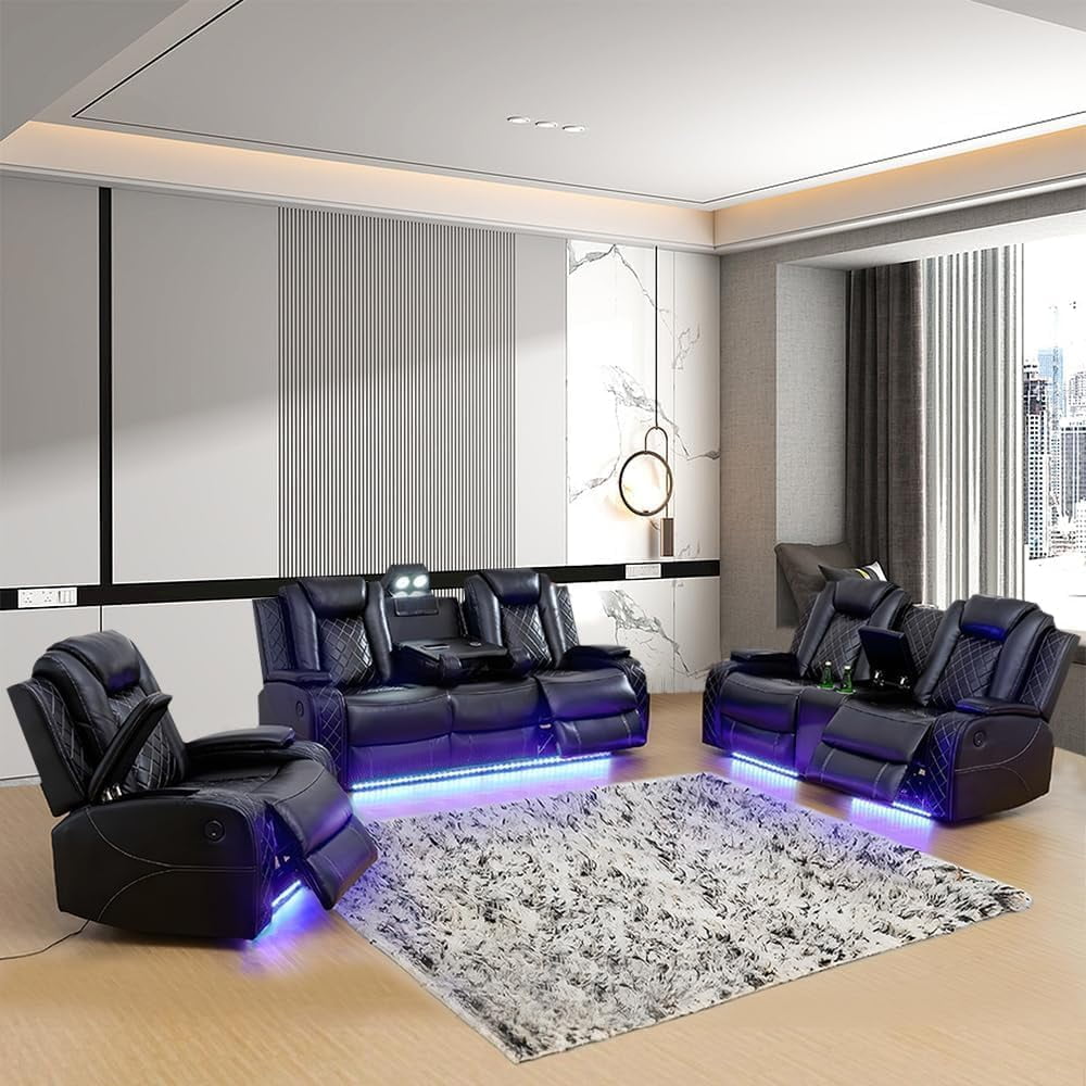 Luxurious Black Leather Sectional Sofa Set with LED Lights Cup Holders USB Port Power Recliner Storage Consoles Modern Style Comfortable Living Walmart Business Supplies