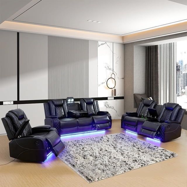 Luxurious Black Leather Sectional Sofa Set with LED Lights, Cup Holders ...