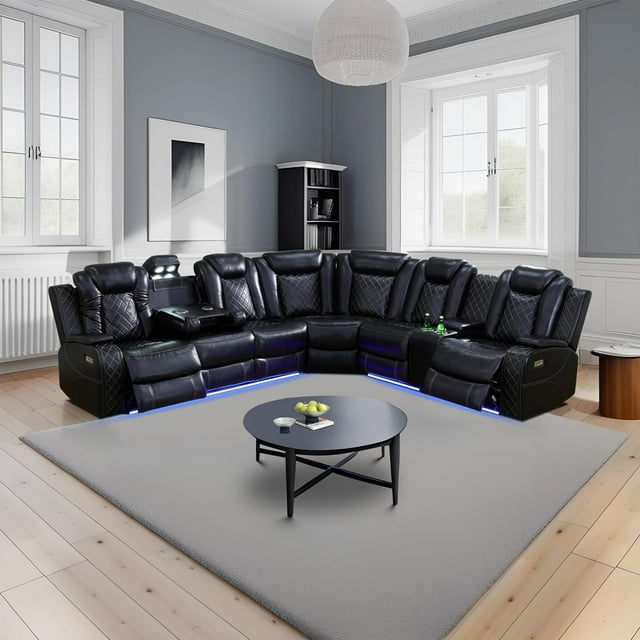 Luxurious Black Leather Sectional Sofa Set with LED Lights, Cup Holders ...