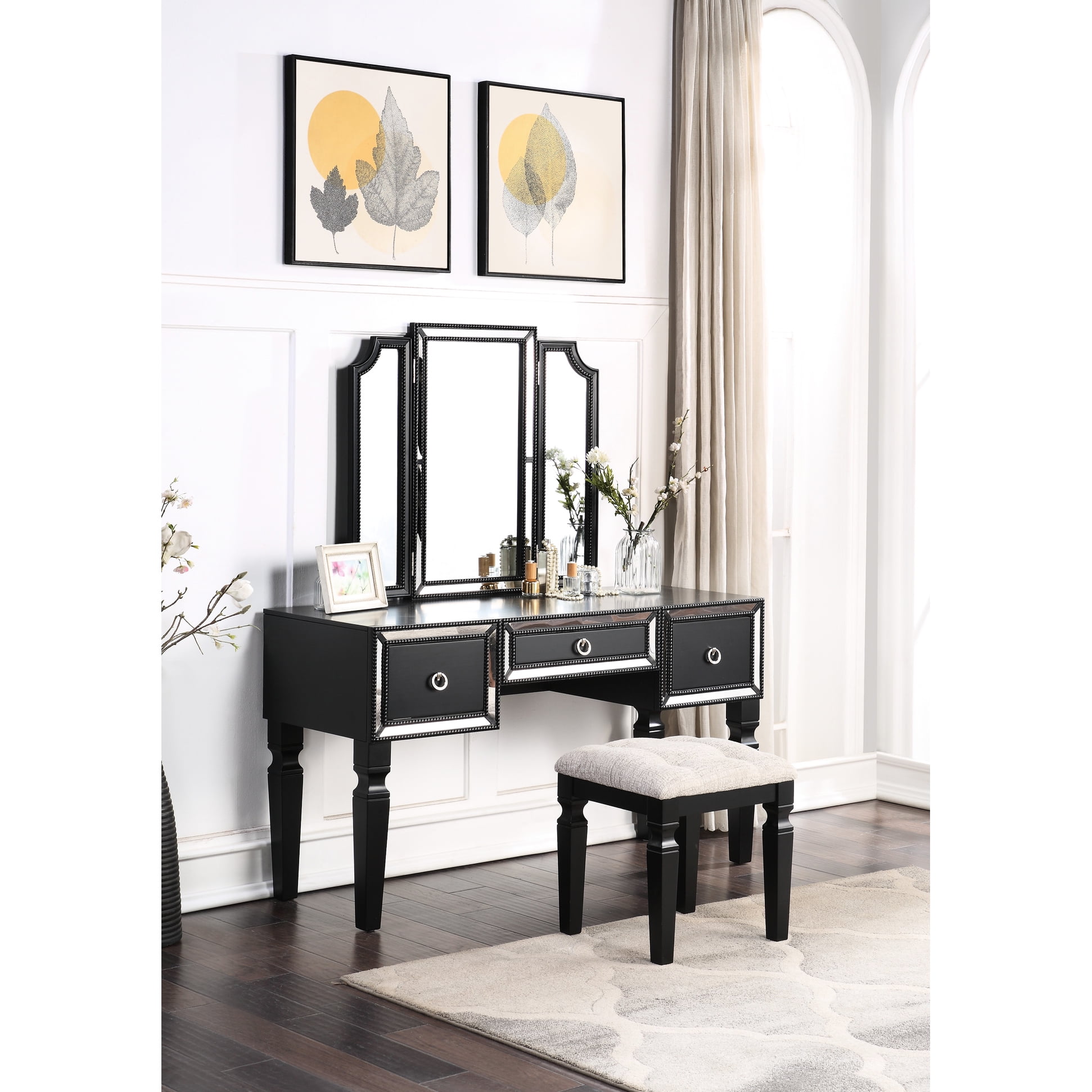 Luxurious Black Vanity For Bedroom, With Stool, 3 Storage Drawers & Tri ...