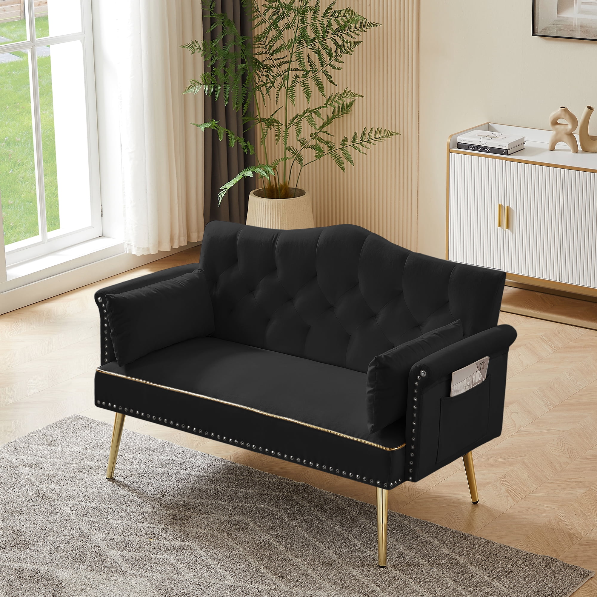 Luxurious Black Velvet Loveseat Sofa: Contemporary Tufted Design, 2 ...