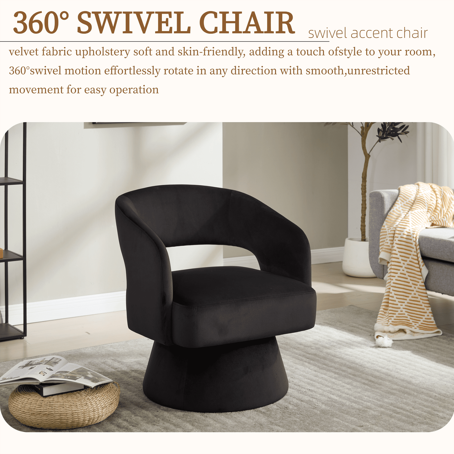 Luxurious Black Velvet Swivel Barrel Chair - Modern 360° Rotating ...