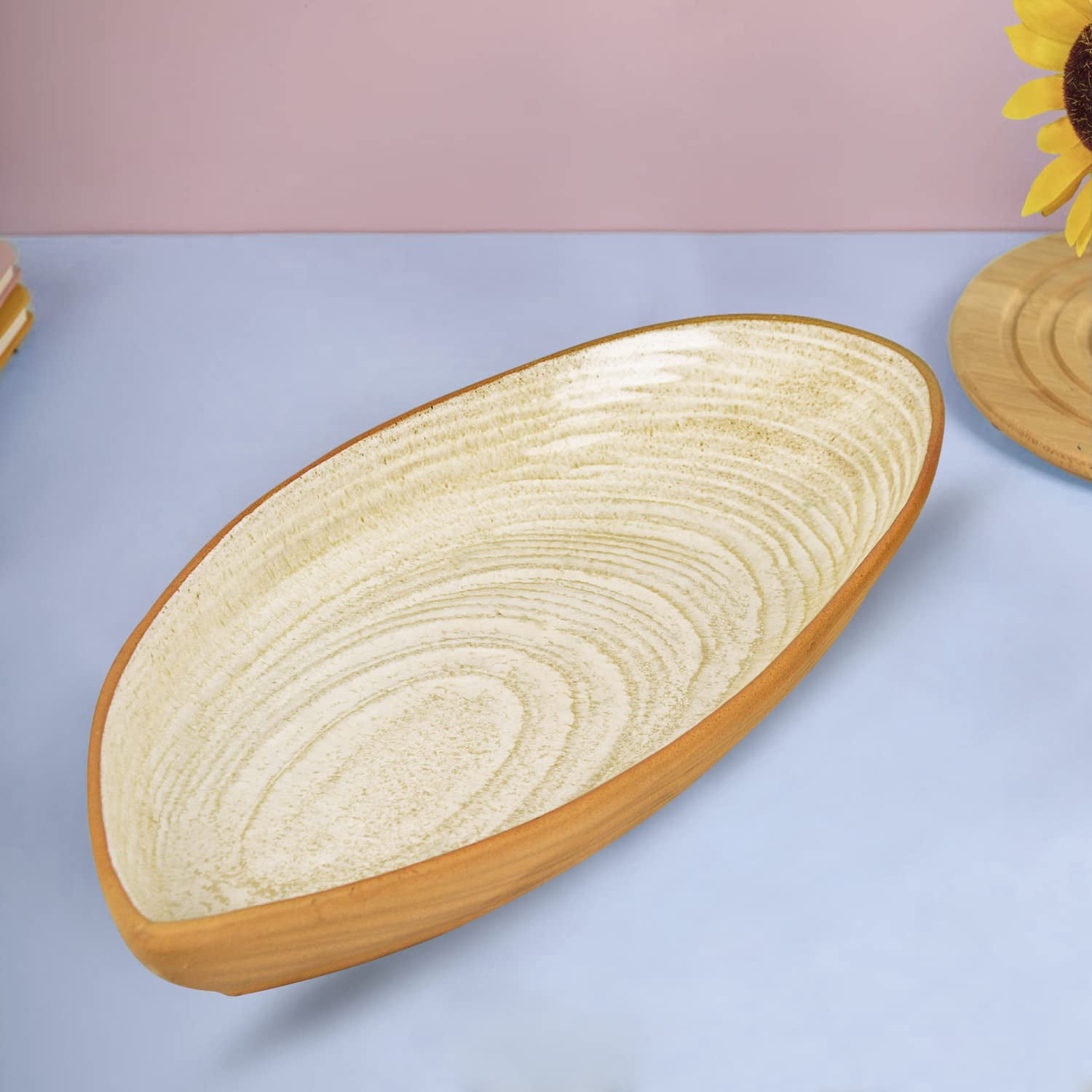 Luxurious Boat Shaped Ceramic Platter With Spiral Design - Ivory, 11 ...