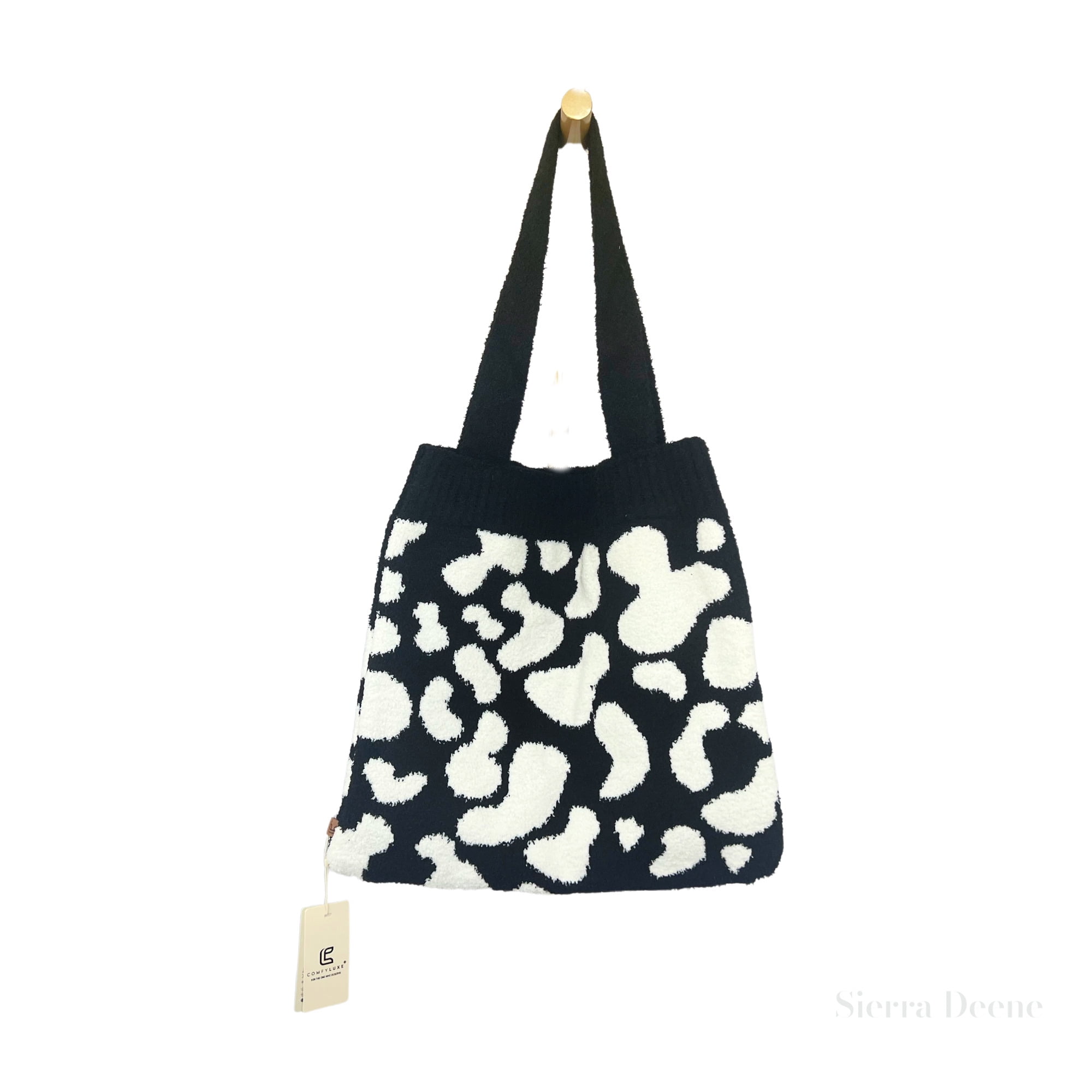 Luxurious Cow Print Knitted Microfiber Tote Bag in Black and Cream ...