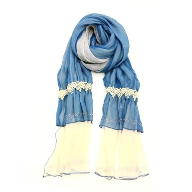 Luxurious Double Layer Scarf with Rhinestones & Lace Trim- White & Blue ...