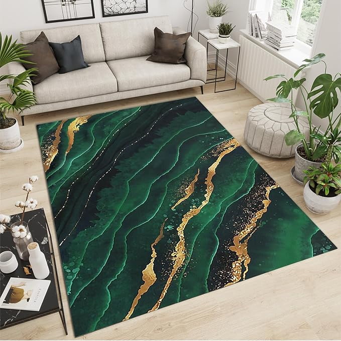 Luxurious Emerald Green Area Rug, Gold Texture Rugs For Living Room ...