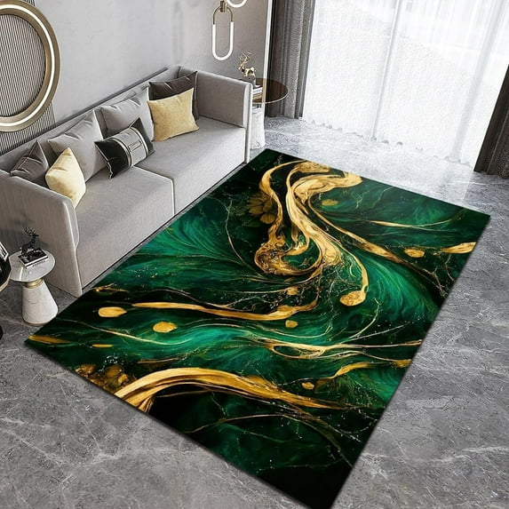 Luxurious Emerald Green Marble Area Rug, Modern Gilt Ink Texture Indoor ...
